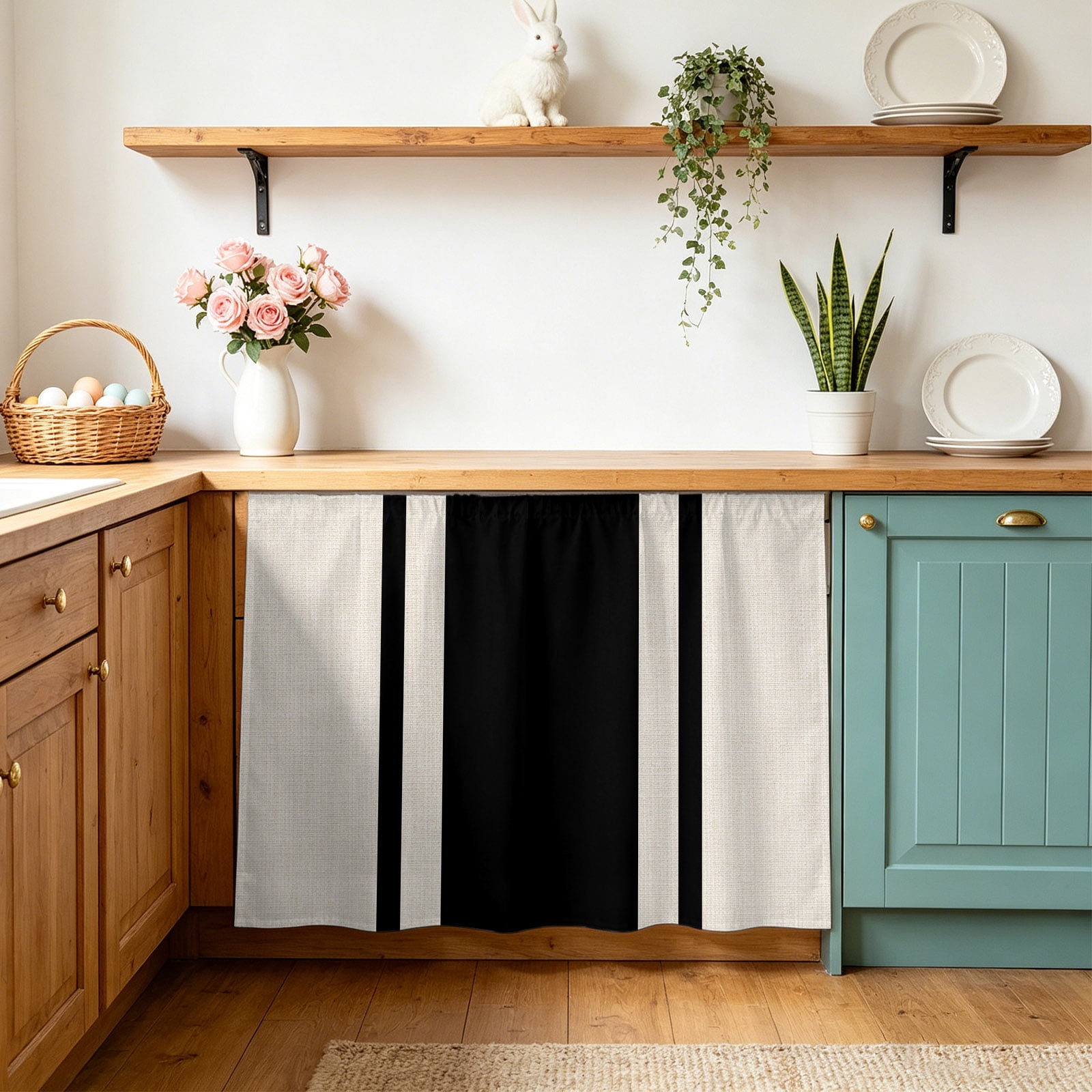 Abstract Black Color Block Cabinet Curtains 28" W x 35" L Vintage Lines ...