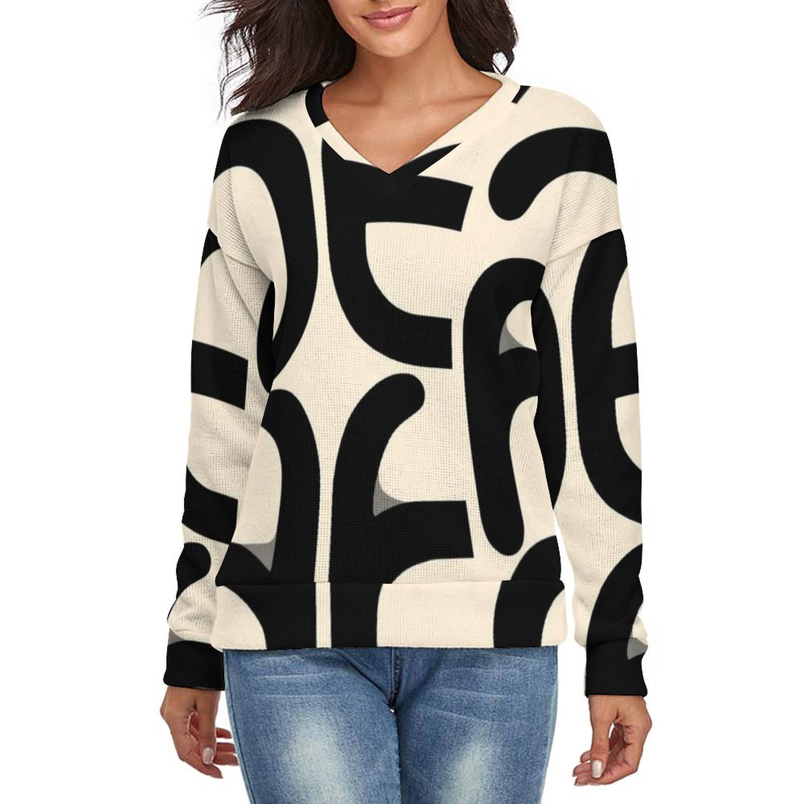 Abstract Black Cream Design Art V-neck Sweater Winter Clothes Long ...