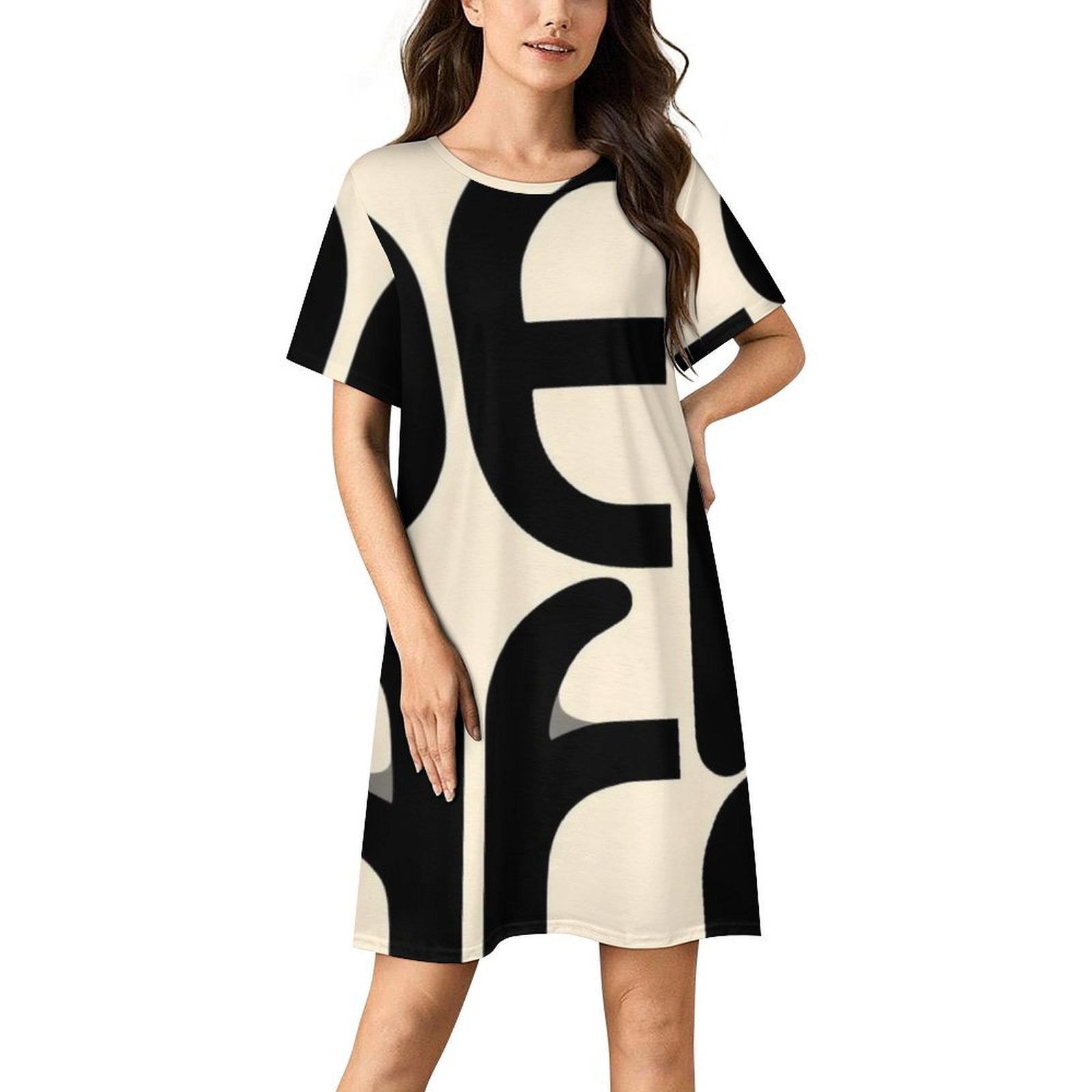 Abstract Black Cream Design Art Women Nightgown Sleepwear Short Sleeves ...