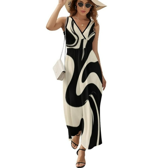 Abstract Black Cream Swirl Art Dress Summer Street Style Bohemia Long ...