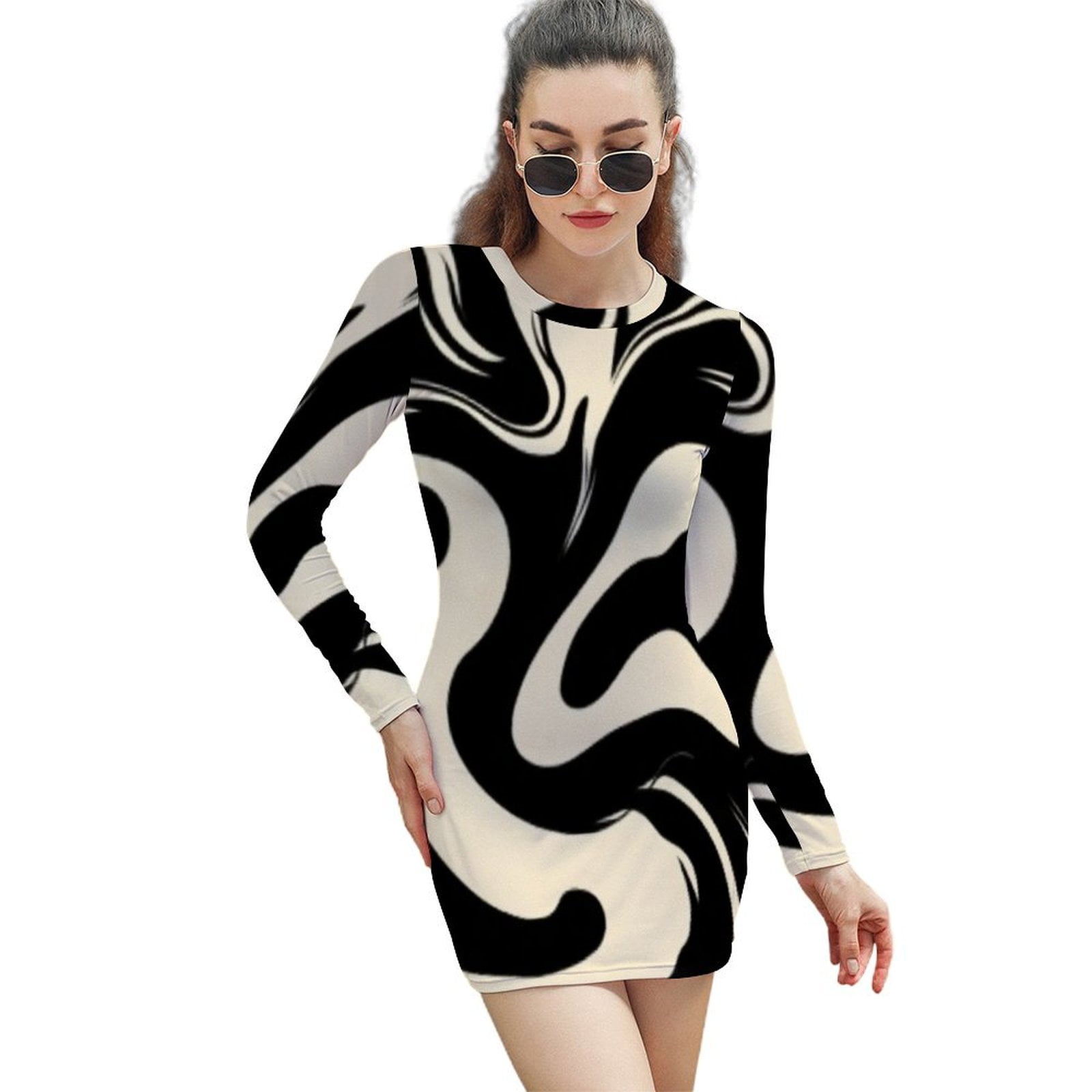 Abstract Black Cream Swirl Art Women's Long Sleeve Bodycon Dress Soft ...