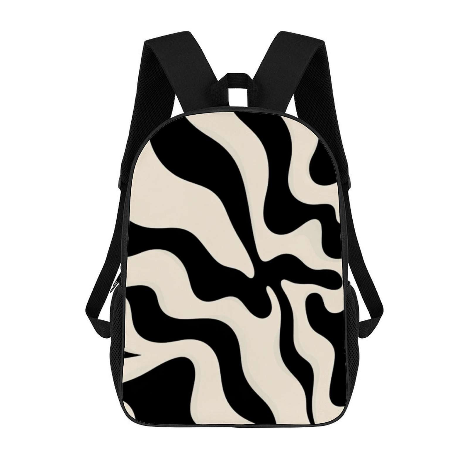 Abstract Black Cream Wavy Lines Large Capacity Backpacks For Teenagers ...