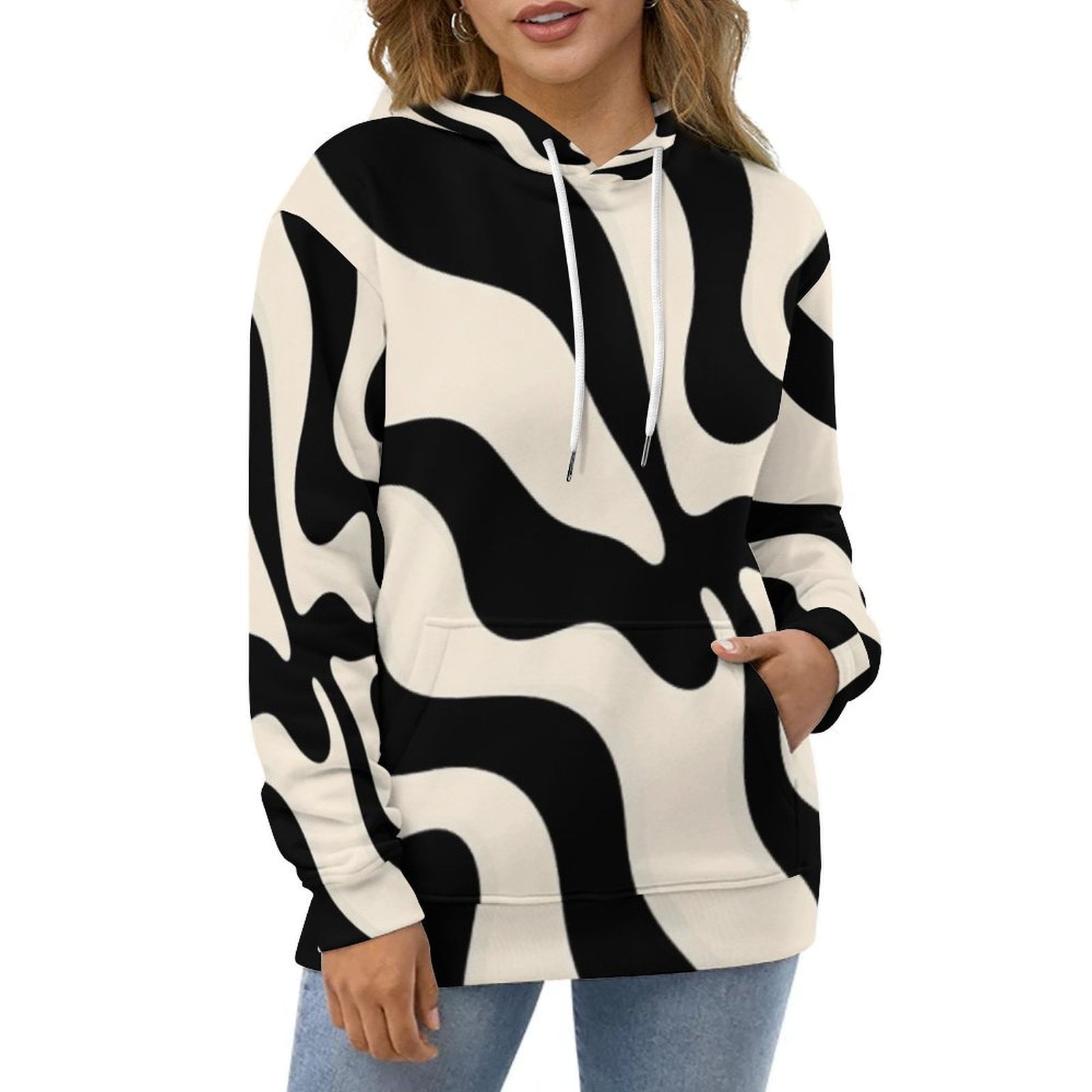Abstract Black Cream Wavy Lines Oversized Hoodies For Woman Pullover With Pocket Comfortable ...