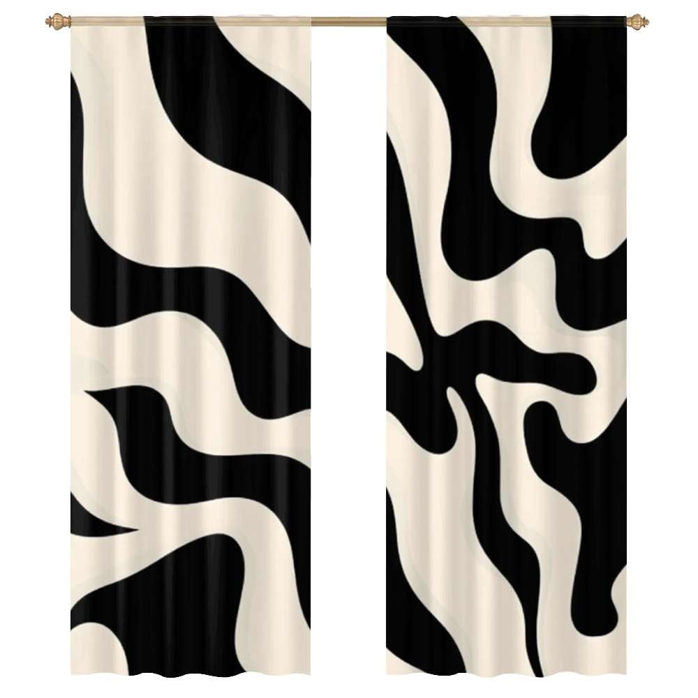 Abstract Black Cream Wavy Lines Sheer Voile Curtain Window Tulle ...