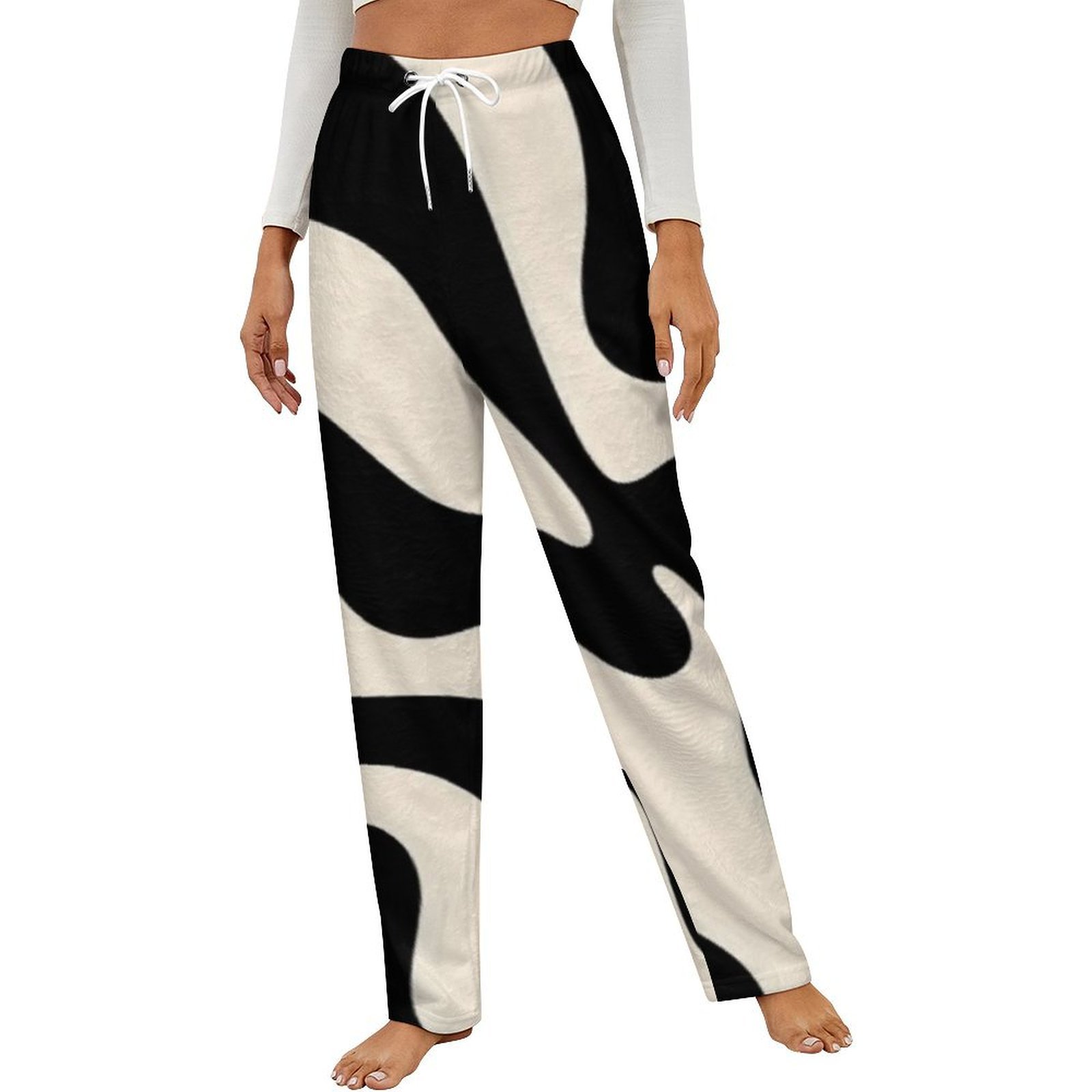 Abstract Black Cream Wavy Lines Winter Female Pants Flannel High Waist ...