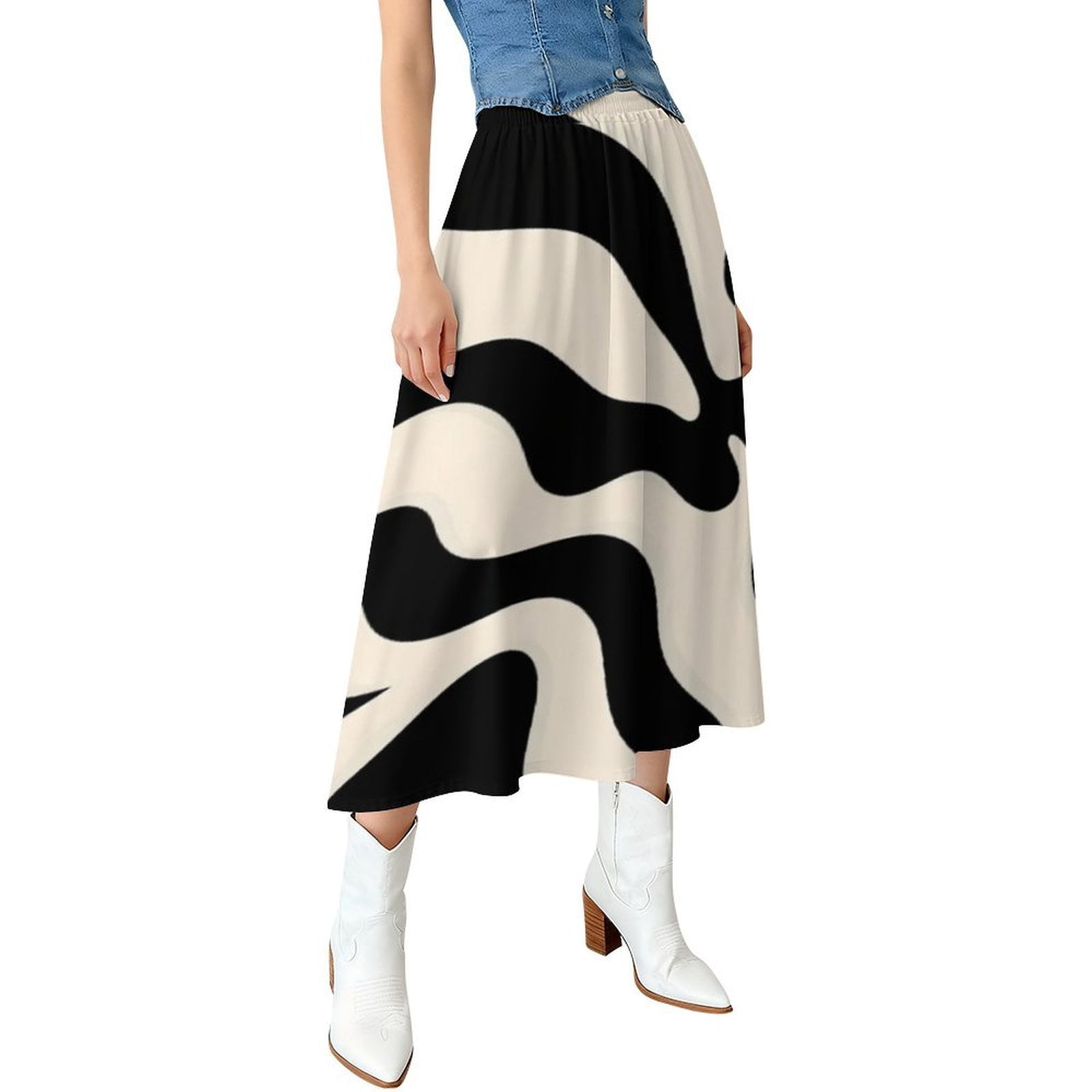 Abstract Black Cream Wavy Lines Women High Waist Midi Skirt Elegant ...
