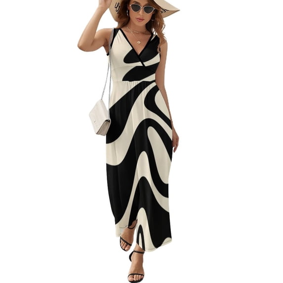 Abstract Black Cream Wavy Pattern Dress Summer Street Style Bohemia ...