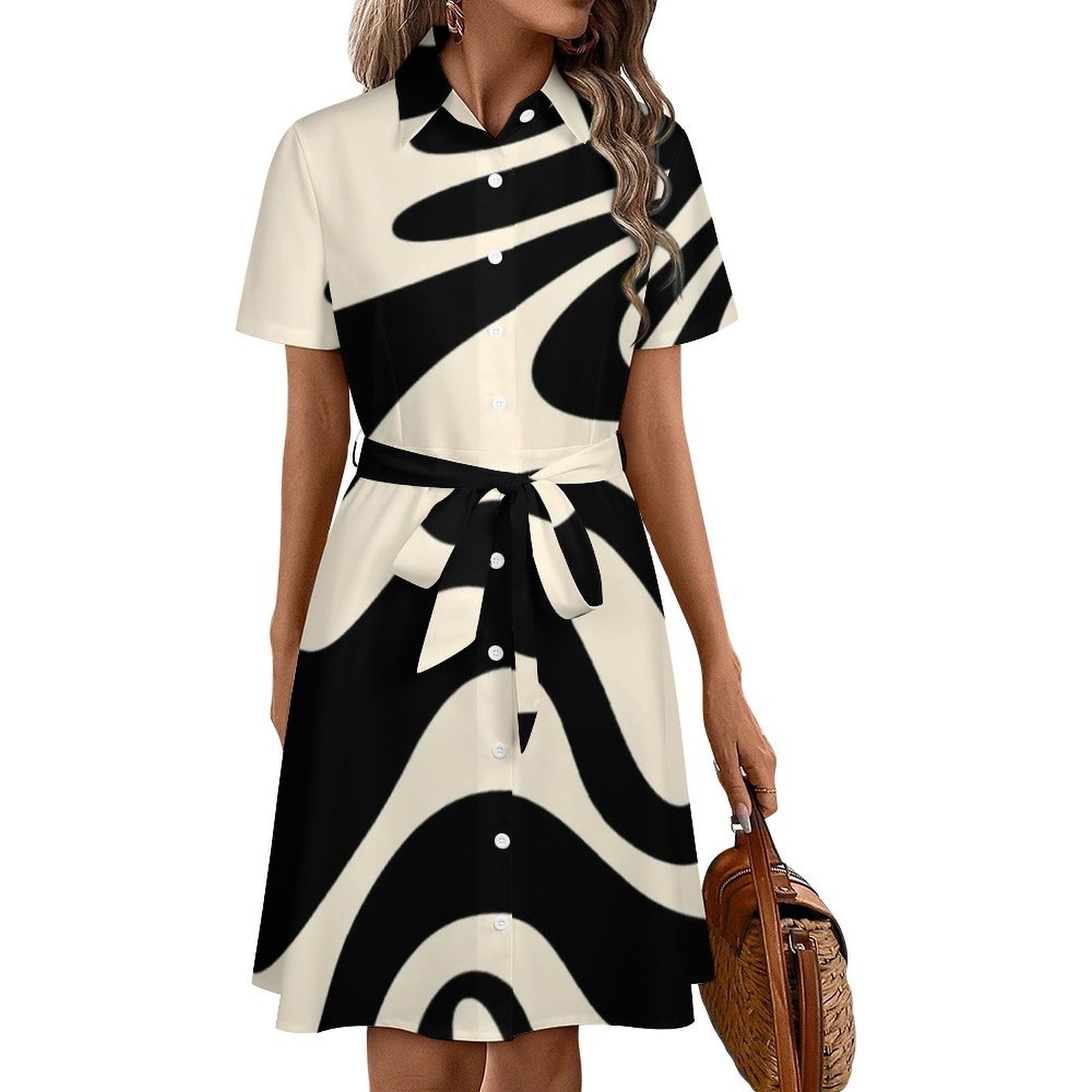 Abstract Black Cream Wavy Pattern Womens Shirt Dresses Women'S Short ...
