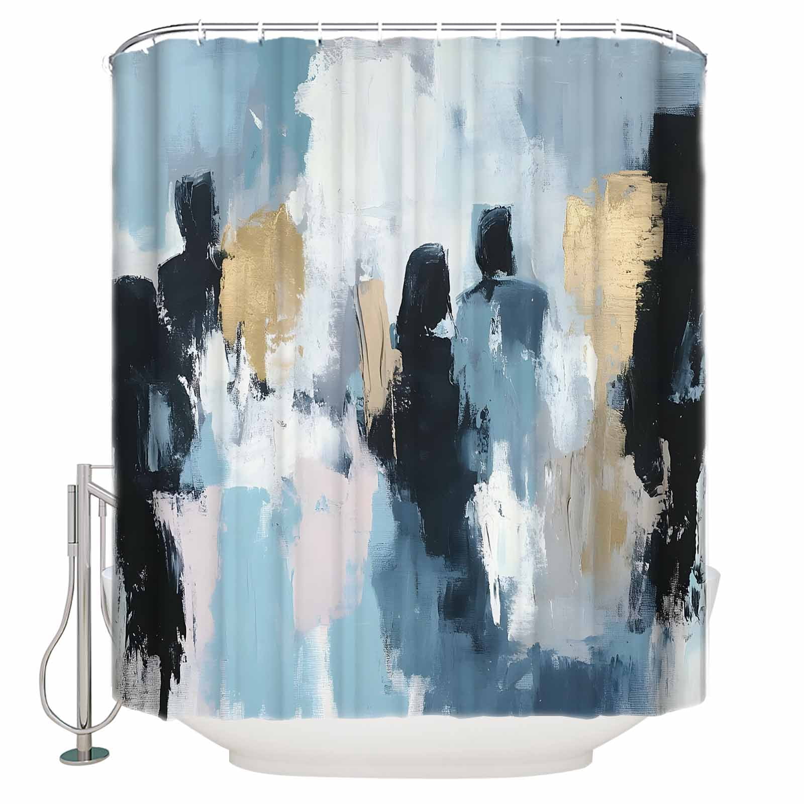 Abstract Black Gold Bathroom Shower Curtains with 12 Hooks Polyester ...