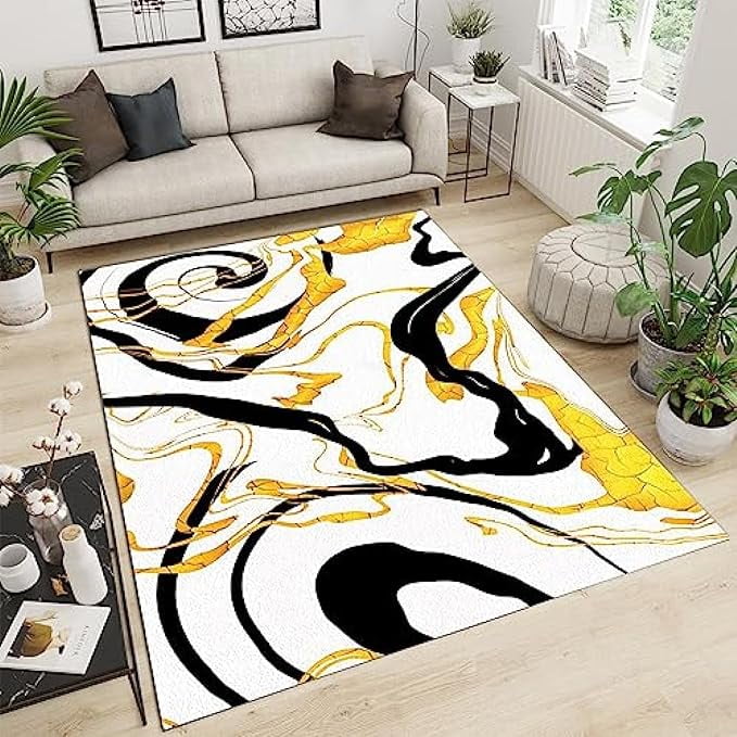 Abstract Black Gold Graffiti Area Rug, Modern Simple Fluid Art Living ...