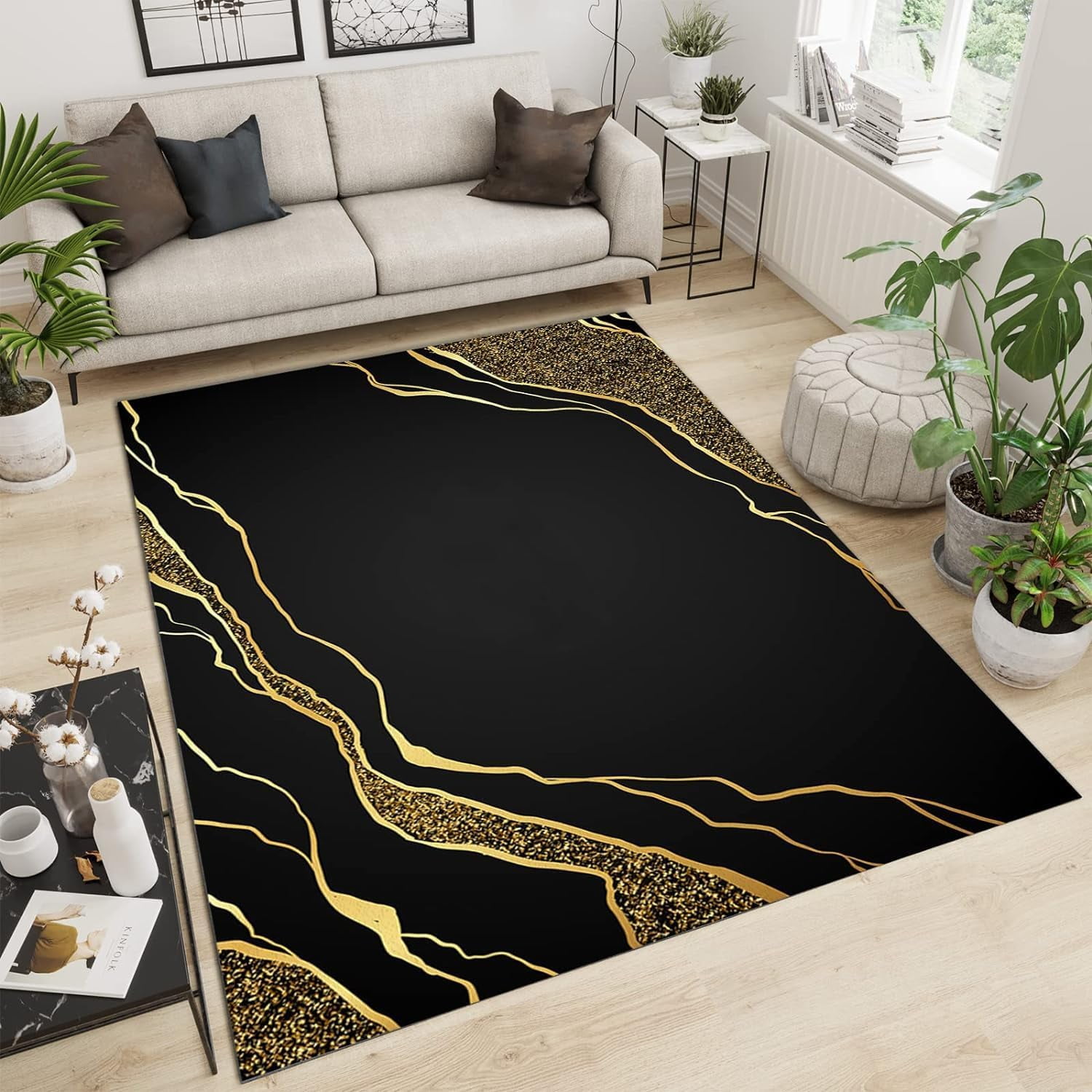 Abstract Black Gold Marble Textre Area Rug Black And Gold Line Art ...