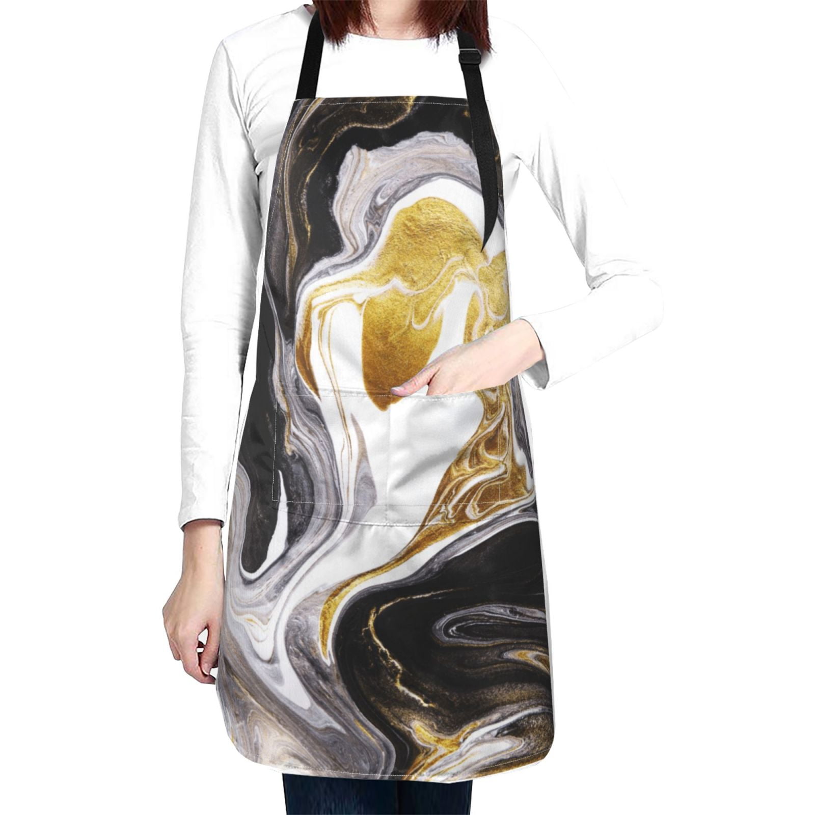 Abstract Black And Gold Swirl Liquid Ink Marble Waterproof Apron With 2 ...
