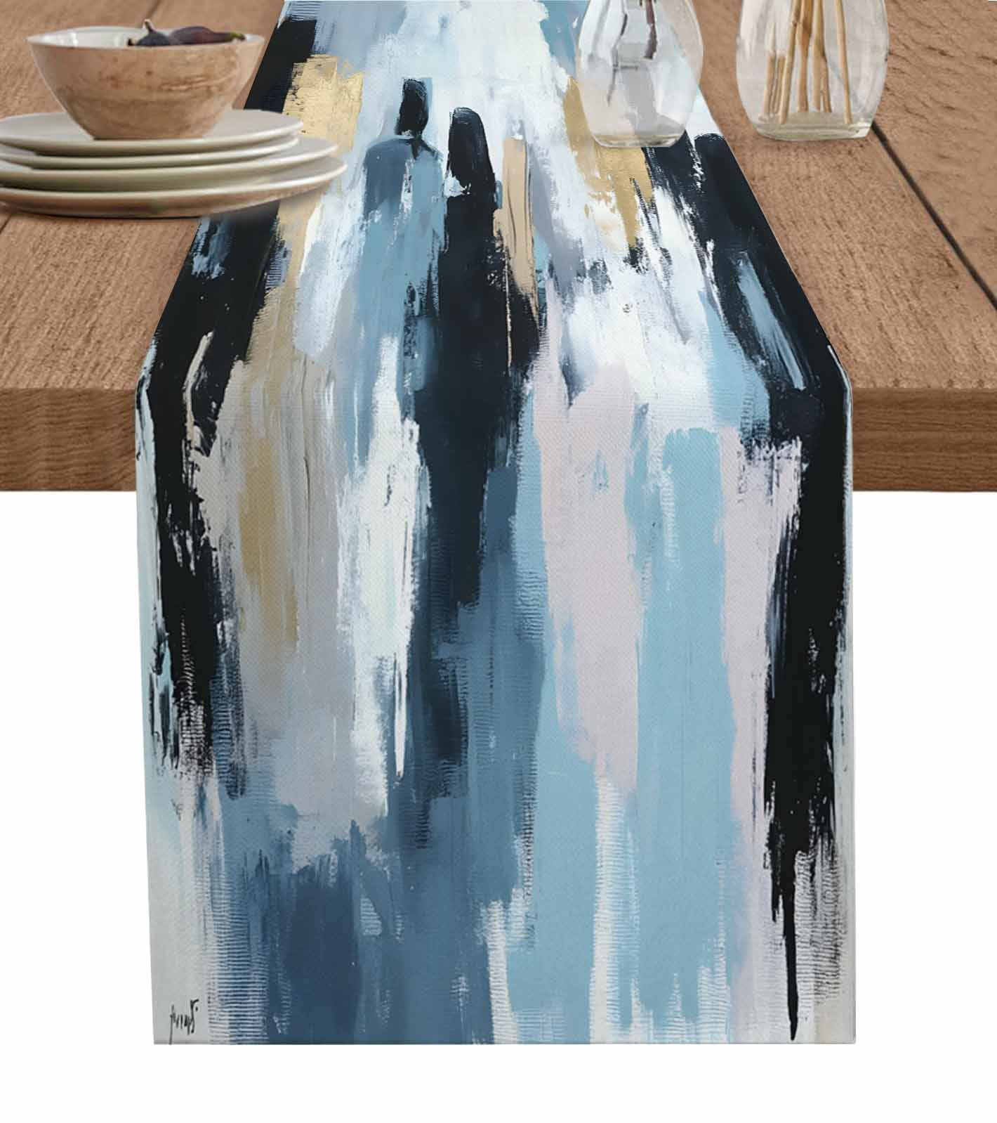 Abstract Black Gold Table Runner 108 Inches, Vintage Blue Pink Oil ...