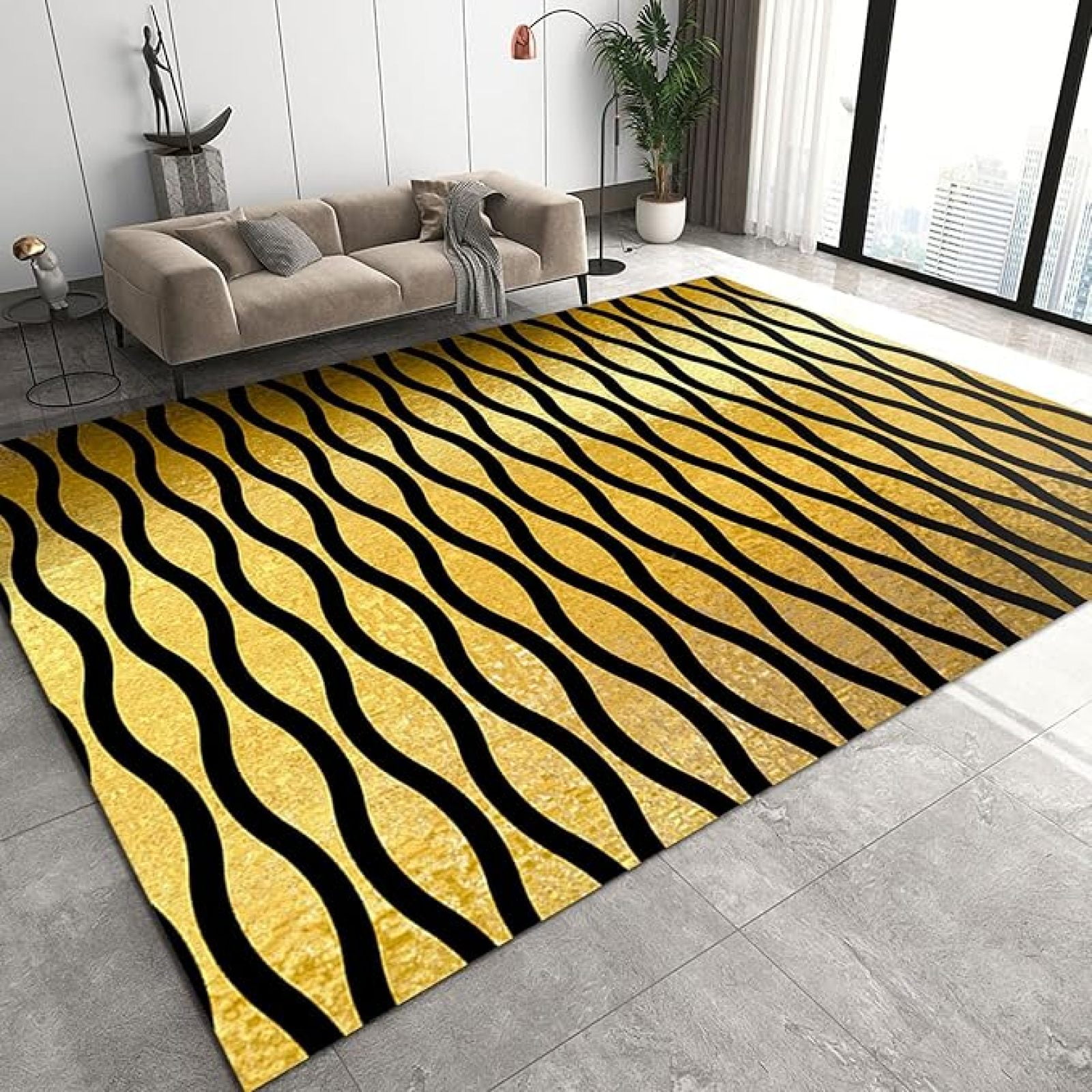 Abstract Black Gold Wavy Line Area Rug, Spiral Wavy Gradient Texture ...