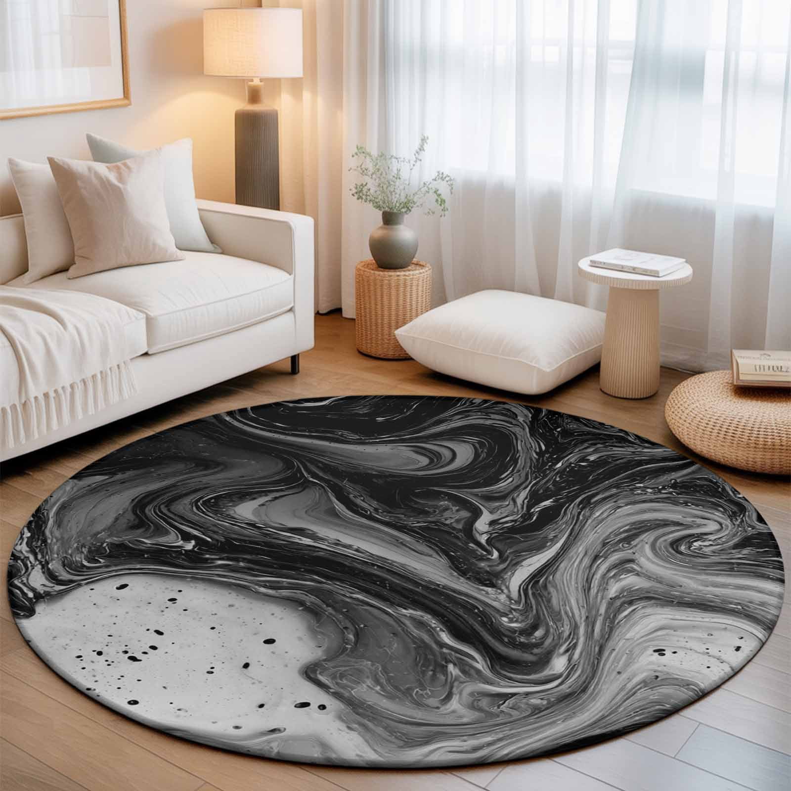 Abstract Black Gray Fluid Art Round Rug 5ft Modern Marble Texture ...