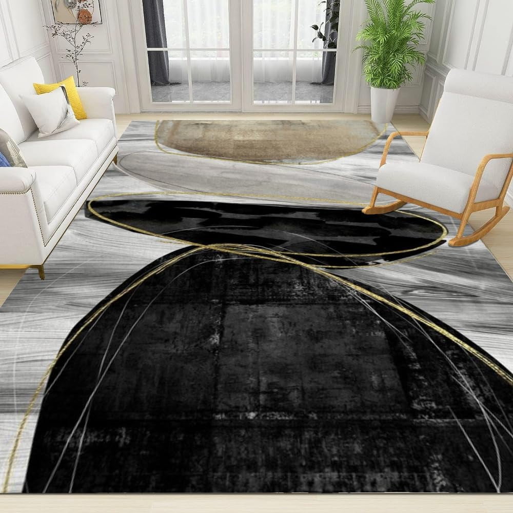 Abstract Black Gray Pebbles Area Rugs, Modern Gray Gold Line Indoor Non ...