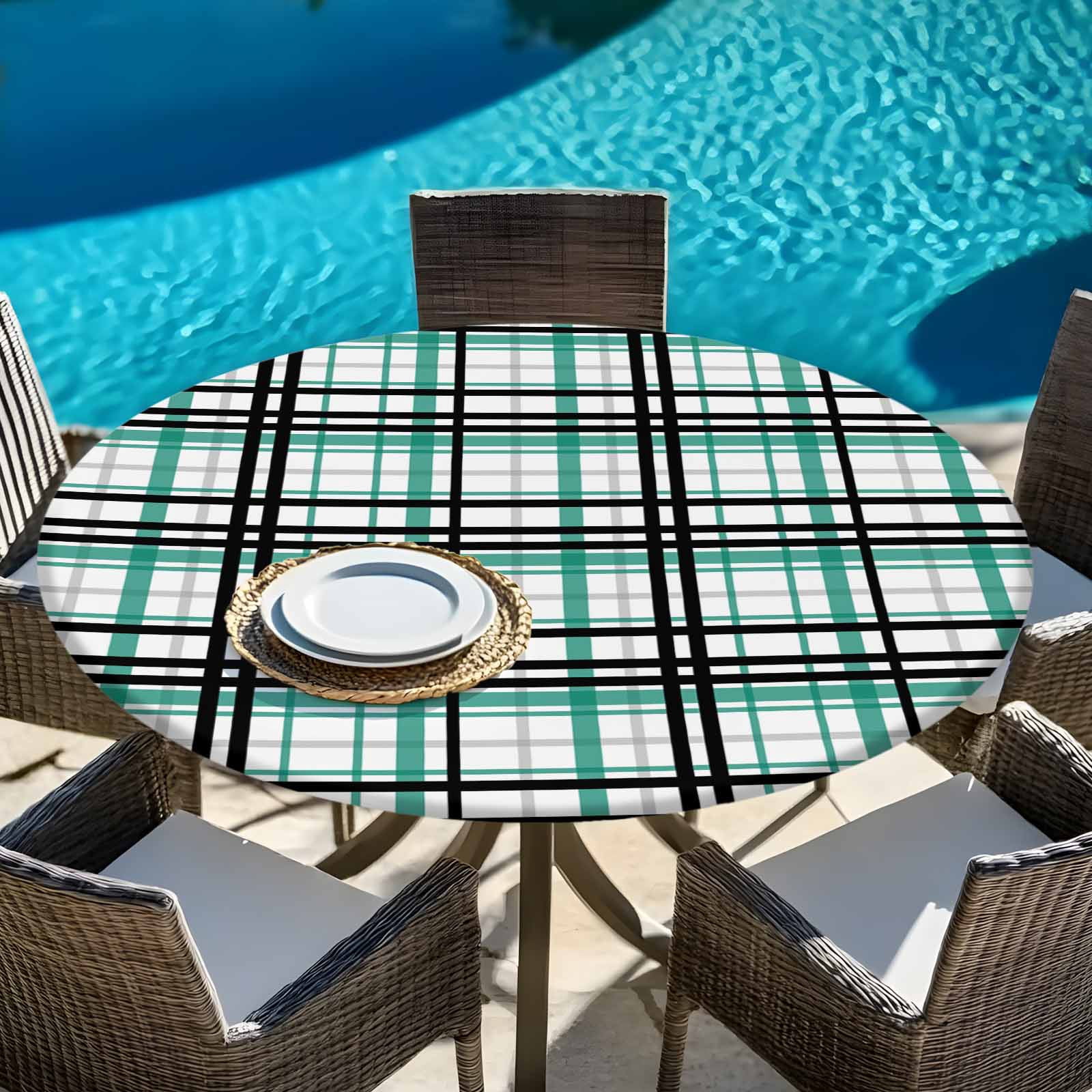 Abstract Black Green Line Lattice Round Fitted Tablecloth with Elastic ...