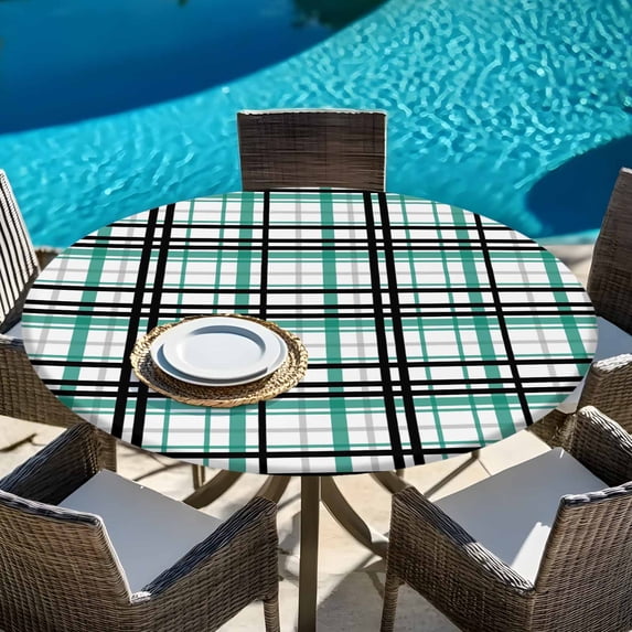 Abstract Black Green Line Lattice Round Fitted Tablecloth with Elastic ...