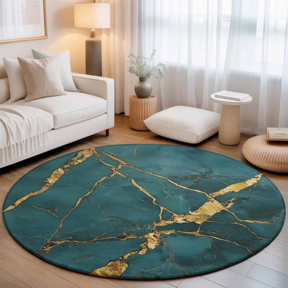 Abstract Black Green Marble Texture Round Rug 5ft Stone with Gold ...