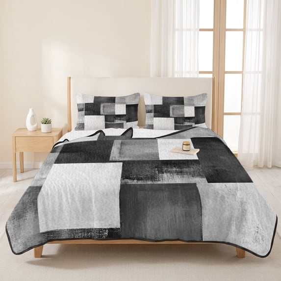 Abstract Black Grey Color Block 3 Pieces Quilt Set,1 Quilt with 2 Shams ...