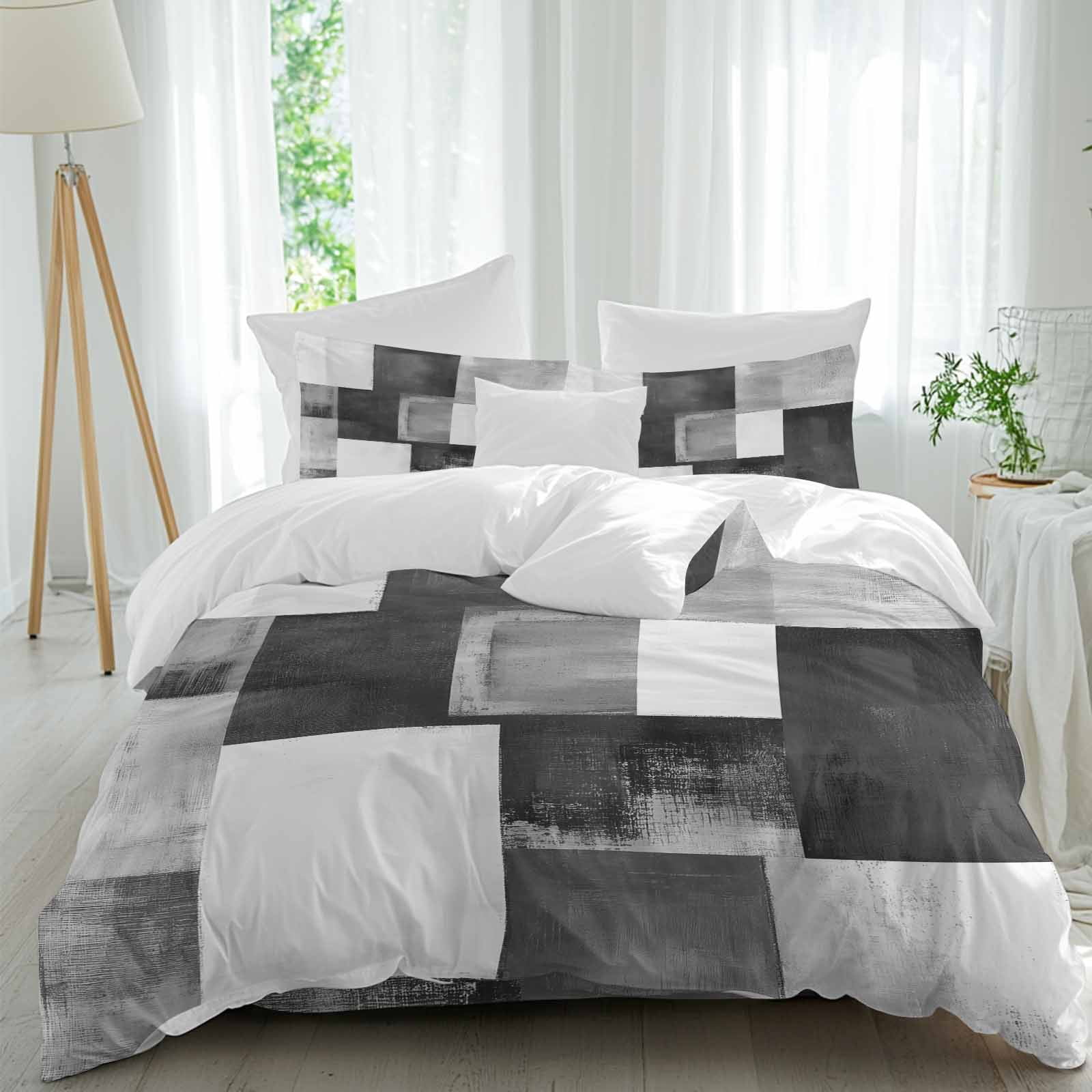 Abstract Black Grey Color Block Queen Size Bed Set,Modern White ...