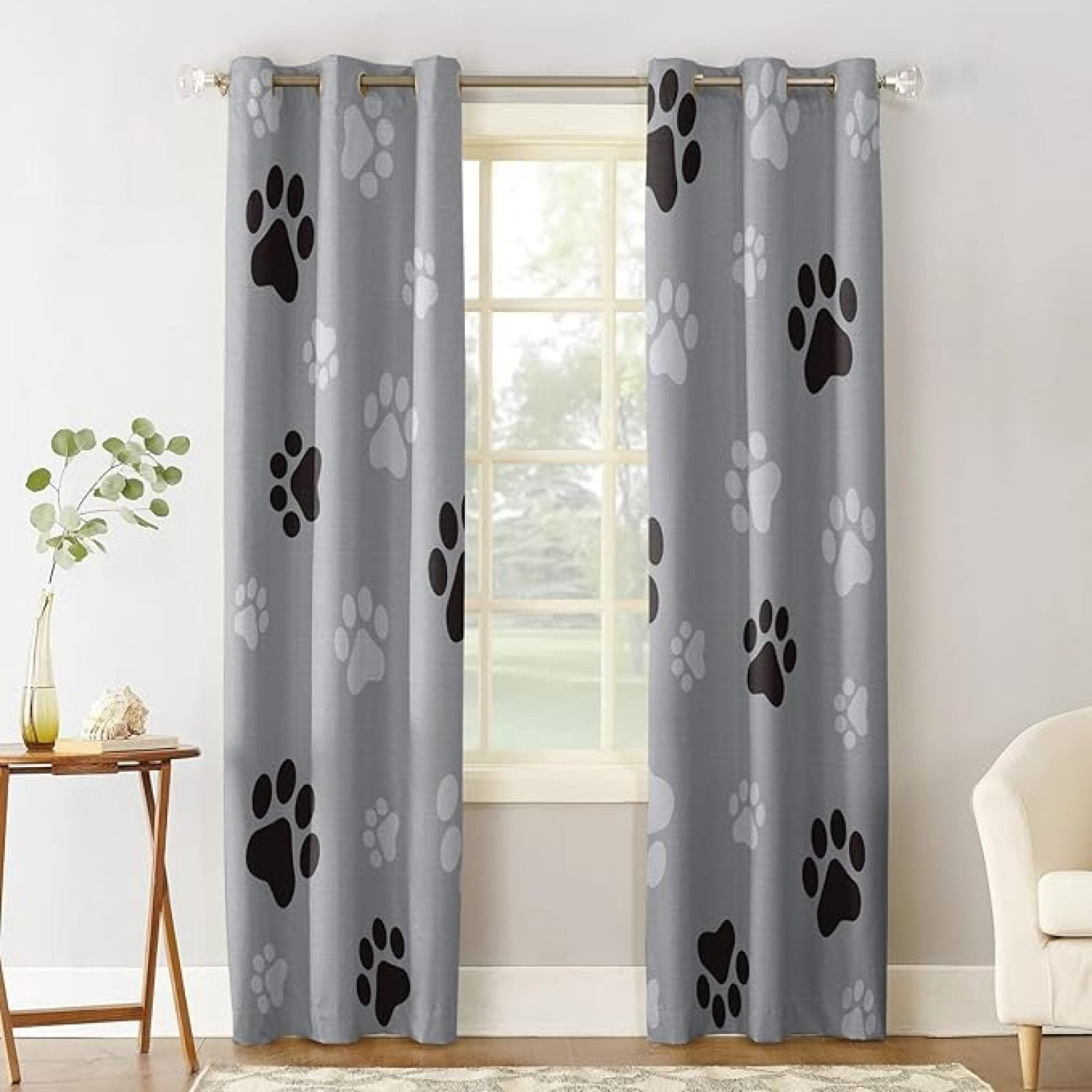 Abstract Black Grey Dog Paw Print Blackout Window Curtain, Modern Decor ...