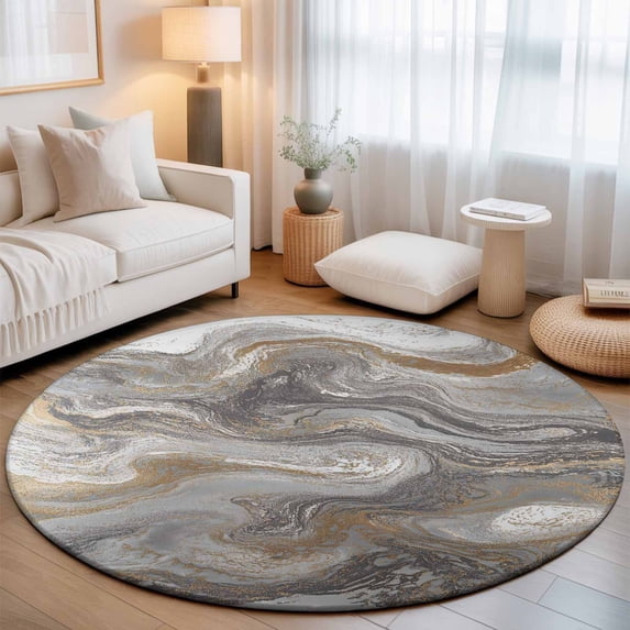 Abstract Black Grey Marble Texture Round Rug 5ft Modern Fluid Art ...