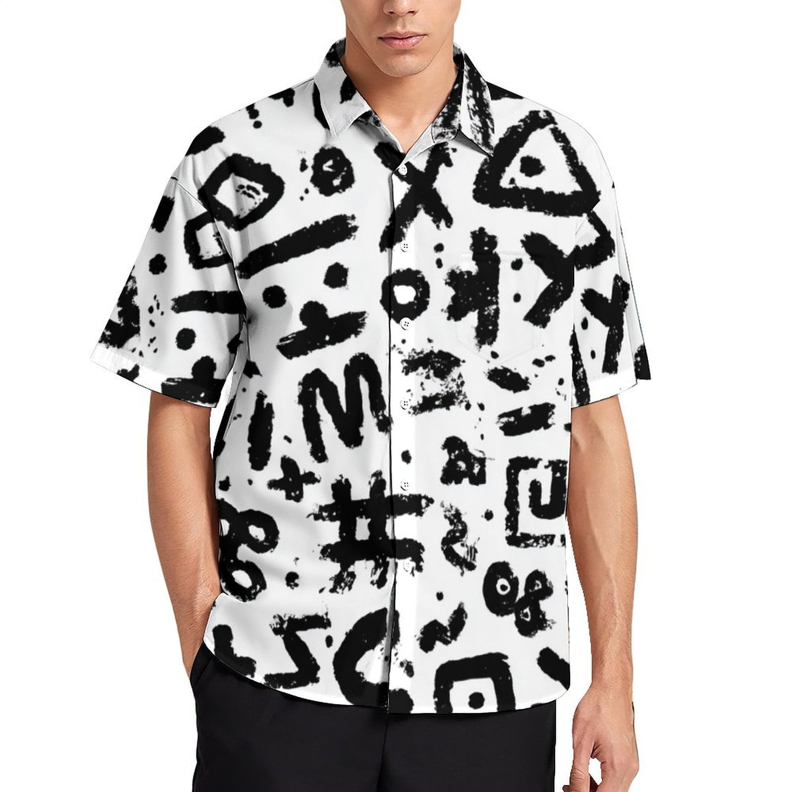 Abstract Black Ink Symbols Pattern Men's Shirt Short Sleeves Printed ...