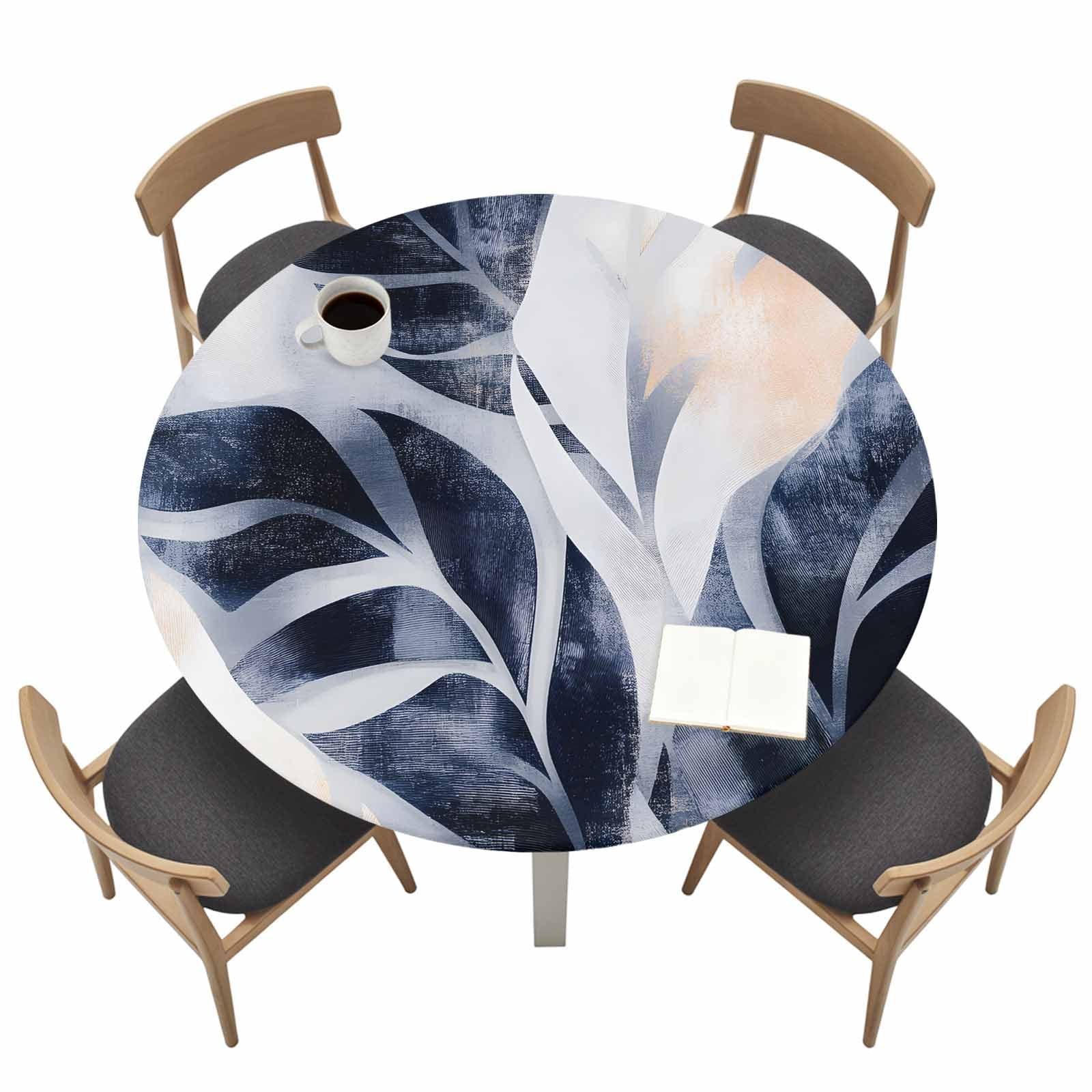 Abstract Black Leaf Round Fitted Tablecloth with Elastic Edge Summer ...