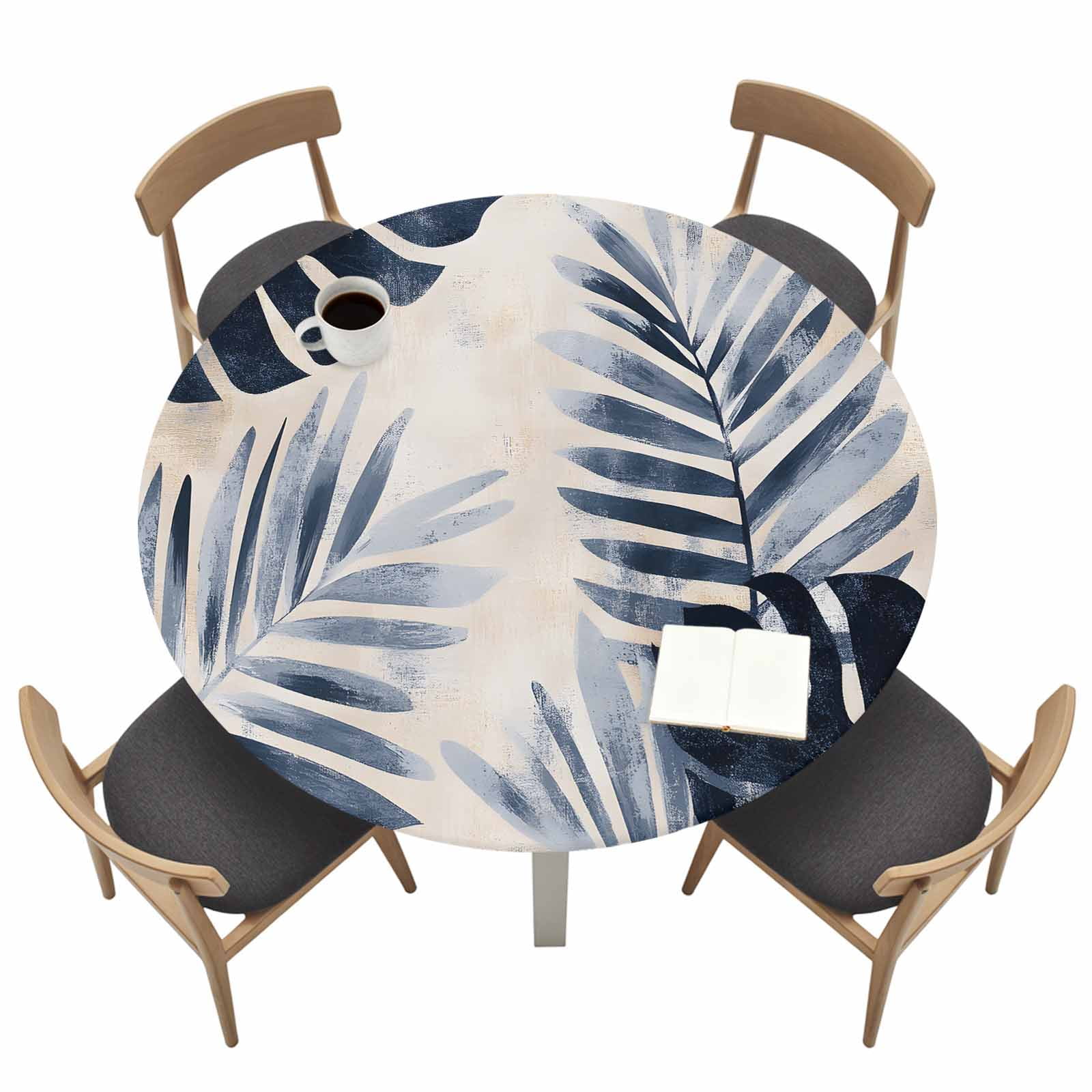 Abstract Black Leaf Round Fitted Tablecloth with Elastic Edge Summer ...