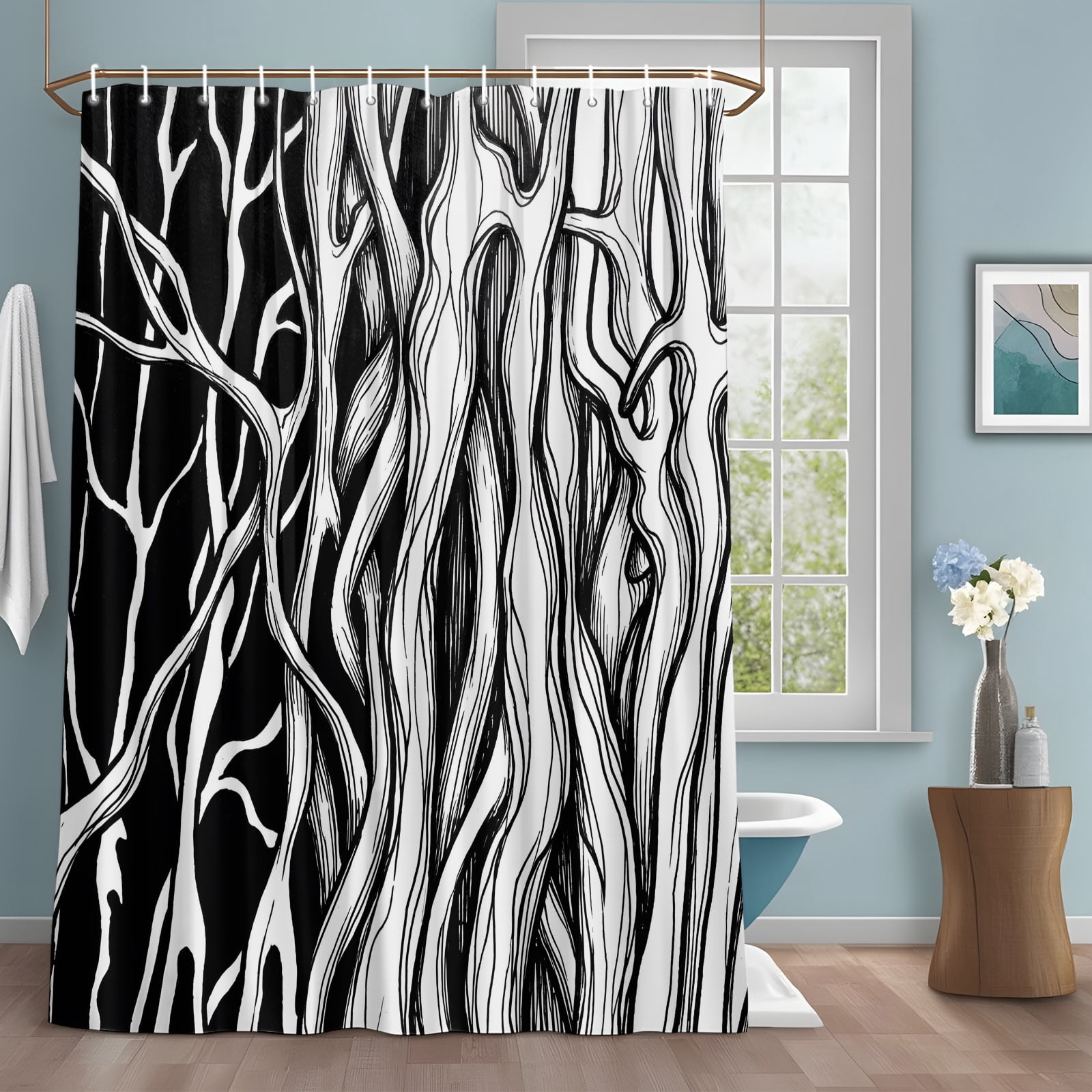 Abstract Black Line Shower Curtain with Hooks, Tree Trunk Texture ...