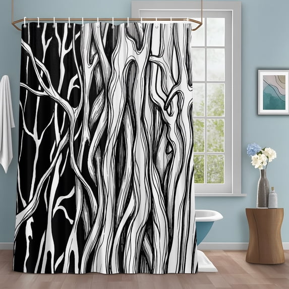 Abstract Black Line Shower Curtain with Hooks, Tree Trunk Texture ...