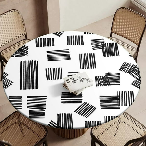 Abstract Black Lines White Background Round Table Cover Kitchen Printed ...