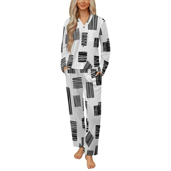 Abstract Black Lines White Background Womens Pyjamas Set Button Up ...