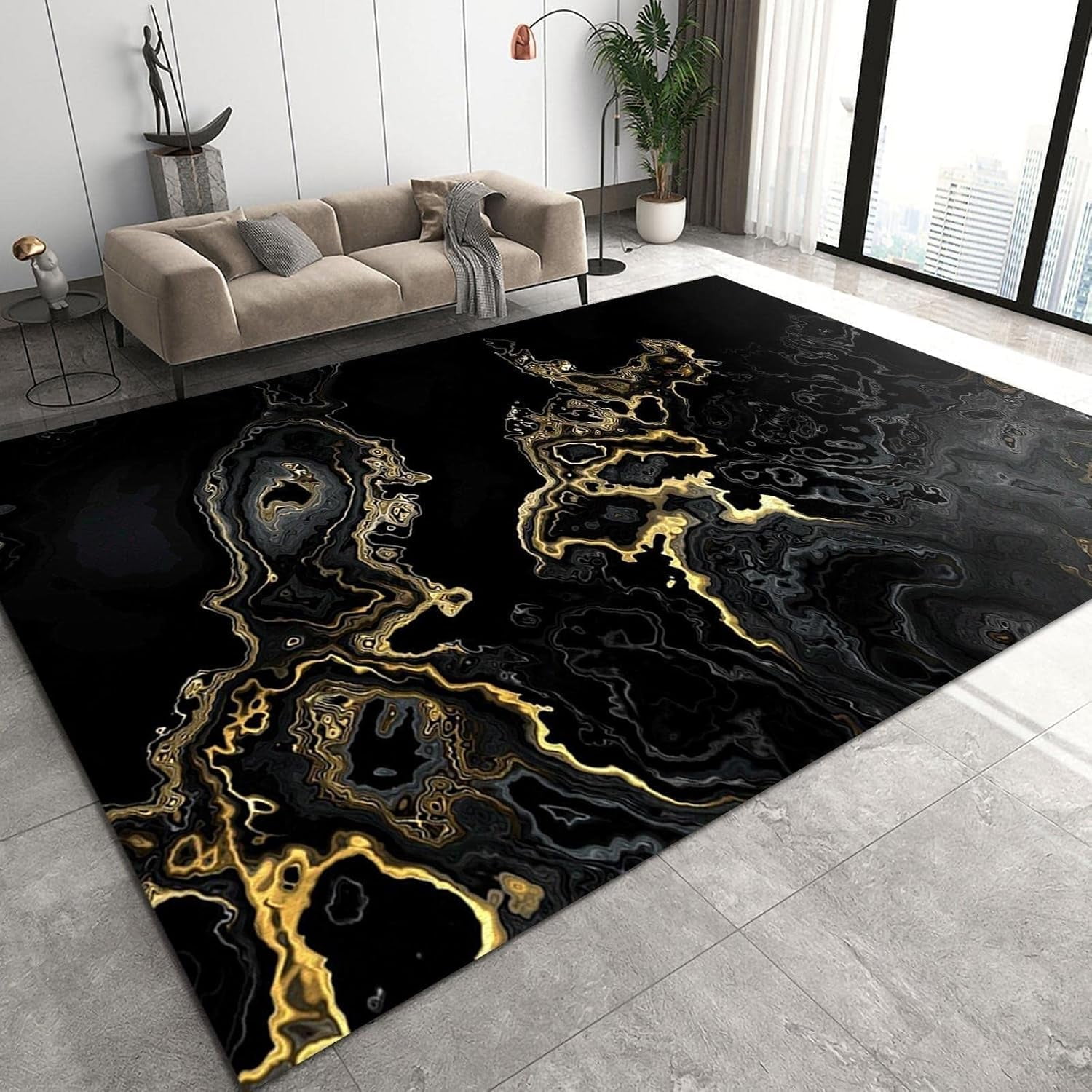 Abstract Black Marble Area Rugs, Gold Swirl Water Waves Indoor Non-Slip ...