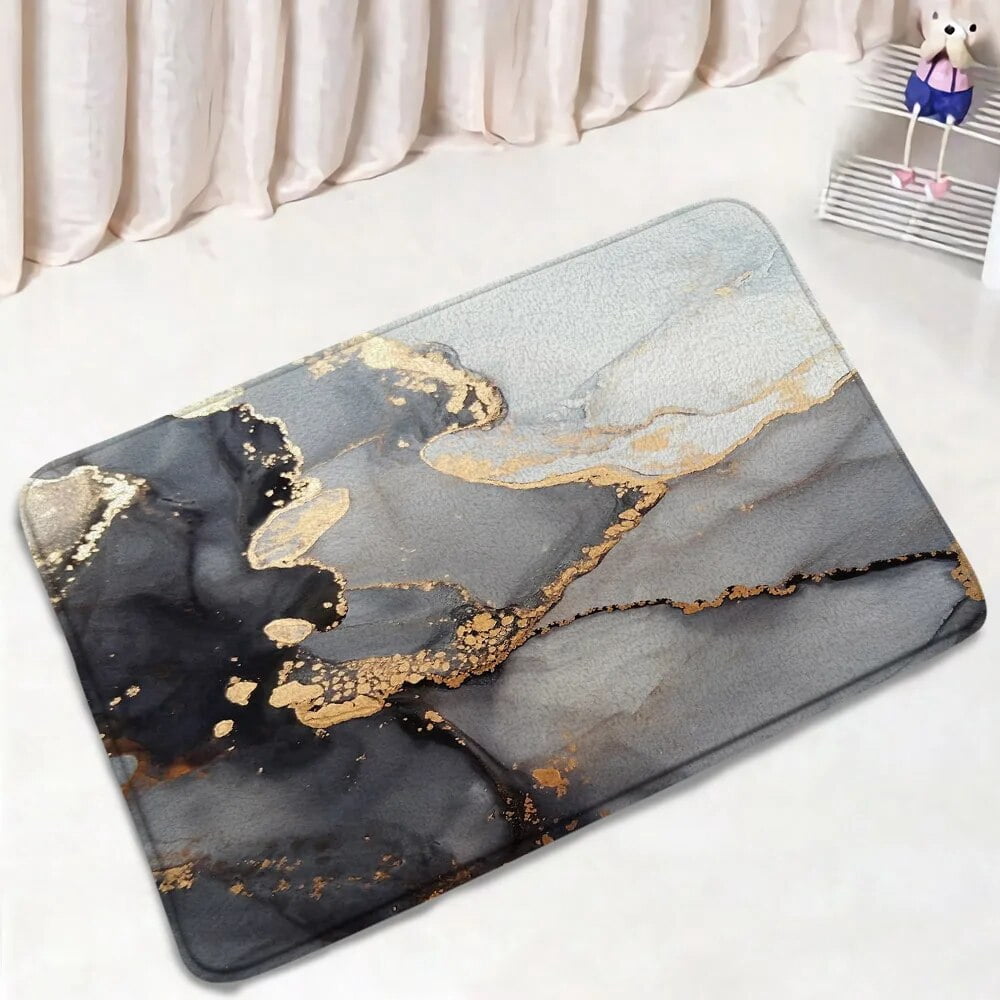 Abstract Black Marble Bath Mat Set Gold Lines Crackle Texture Modern ...