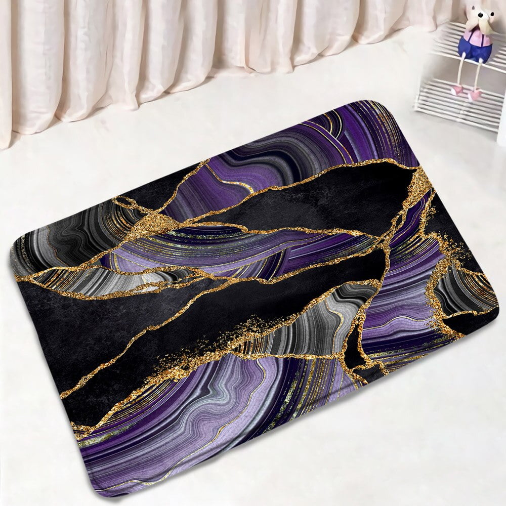 Abstract Black Marble Bath Mat Set Gold Lines Grey Textured Art ...