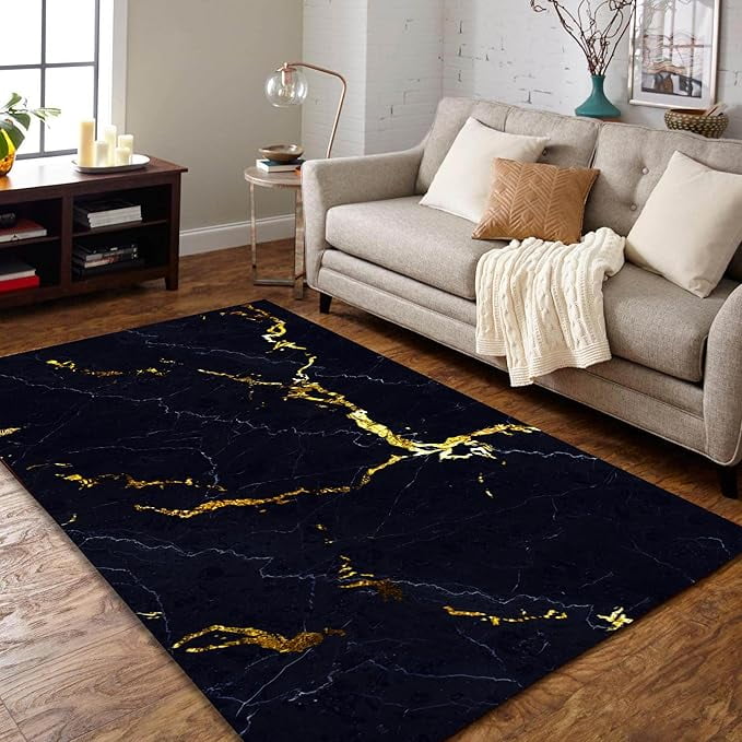 Abstract Black Marble Rug, Golden Lines Non-Slip Non-Shedding Low Pile ...