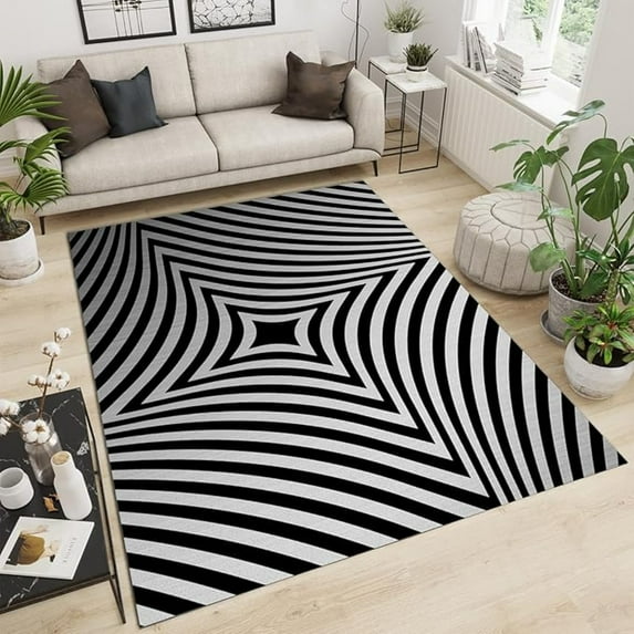 Abstract Black Optical Illusion Area Rug, Black White Stripes Non Slip ...