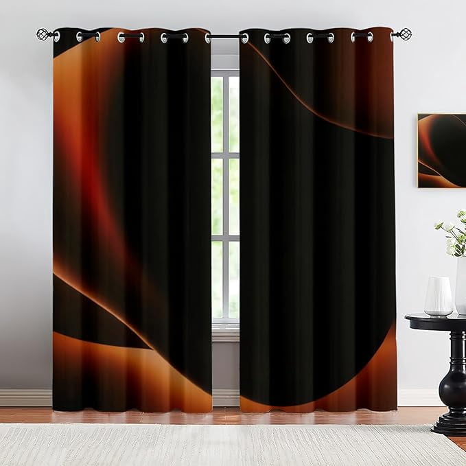 Abstract Black Orange Line Art Blackout Curtains, 3D Visual Art Window ...