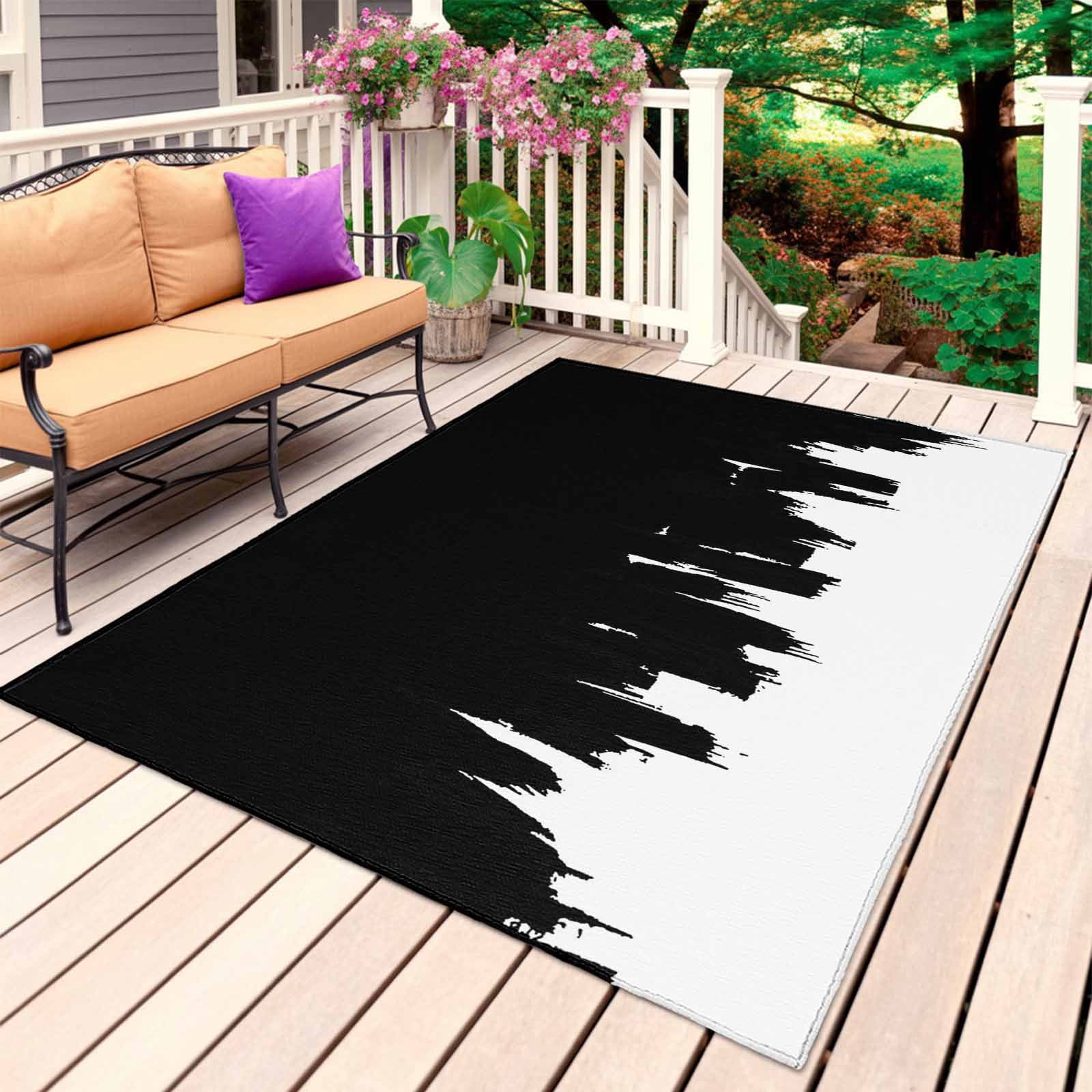 Abstract Black Outdoor Rug 4x6 Ft, Non Slip Washable Area Rug, Modern ...