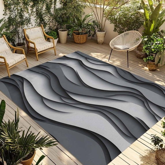 Abstract Black Outdoor Rug, Gray Gradient Ocean Wave Modern Geometric ...