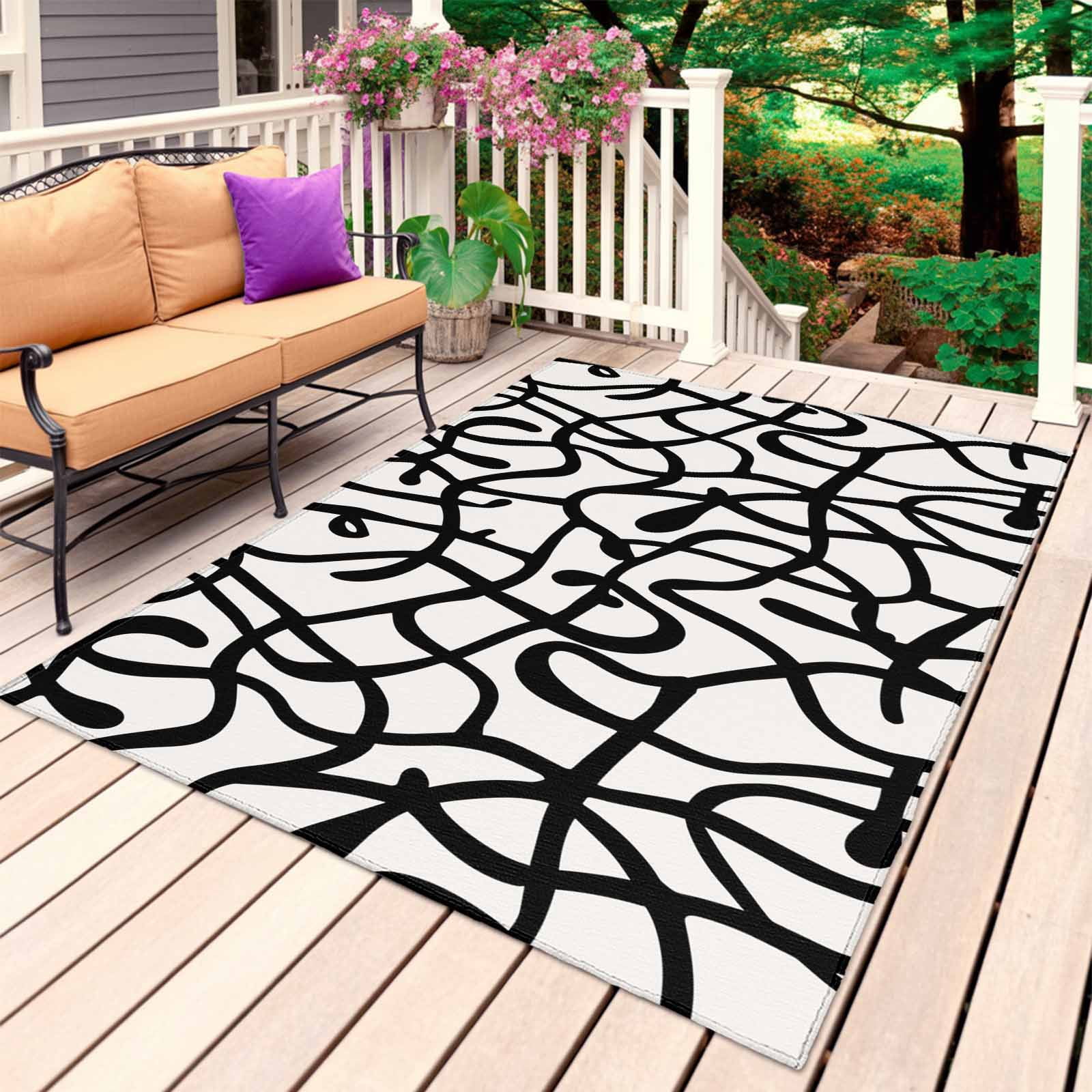 Abstract Black Outdoor Rug for Patio/Deck/Porch, Non-Slip Large Area ...