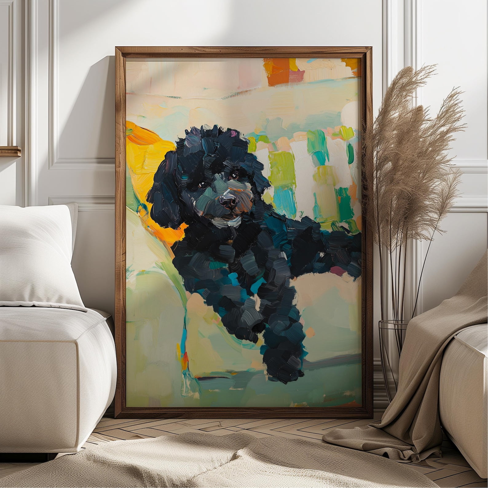 Abstract Black Poodle Oil Painting, Colorful Dog Wall Art ...