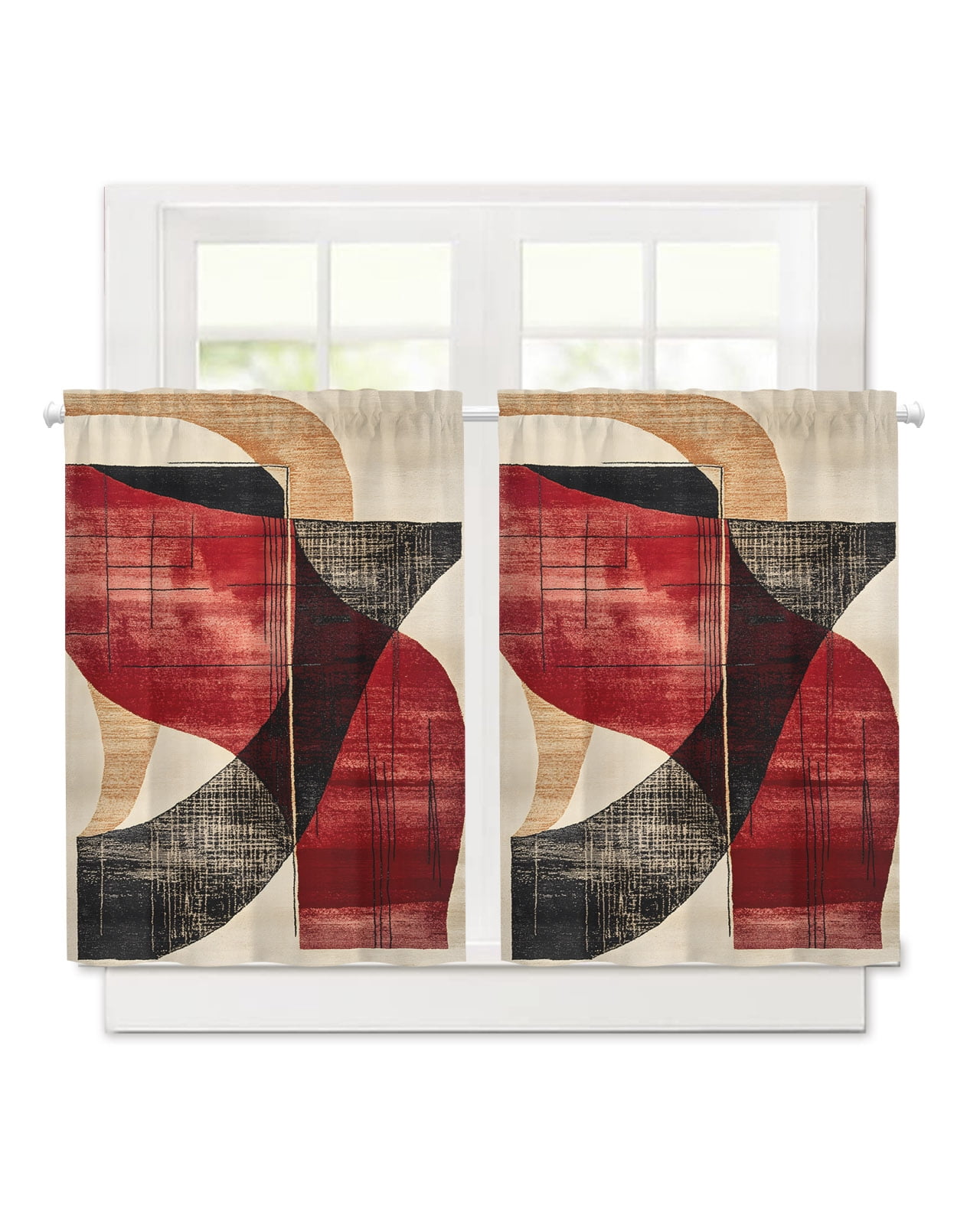 Abstract Black Red Geometric Art Short Blackout Curtains 36 Inch Long ...