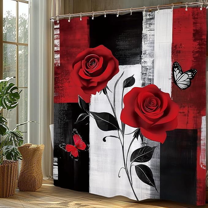 Abstract Black Red Rose Shower Curtain Set Modern Brushstroke ...