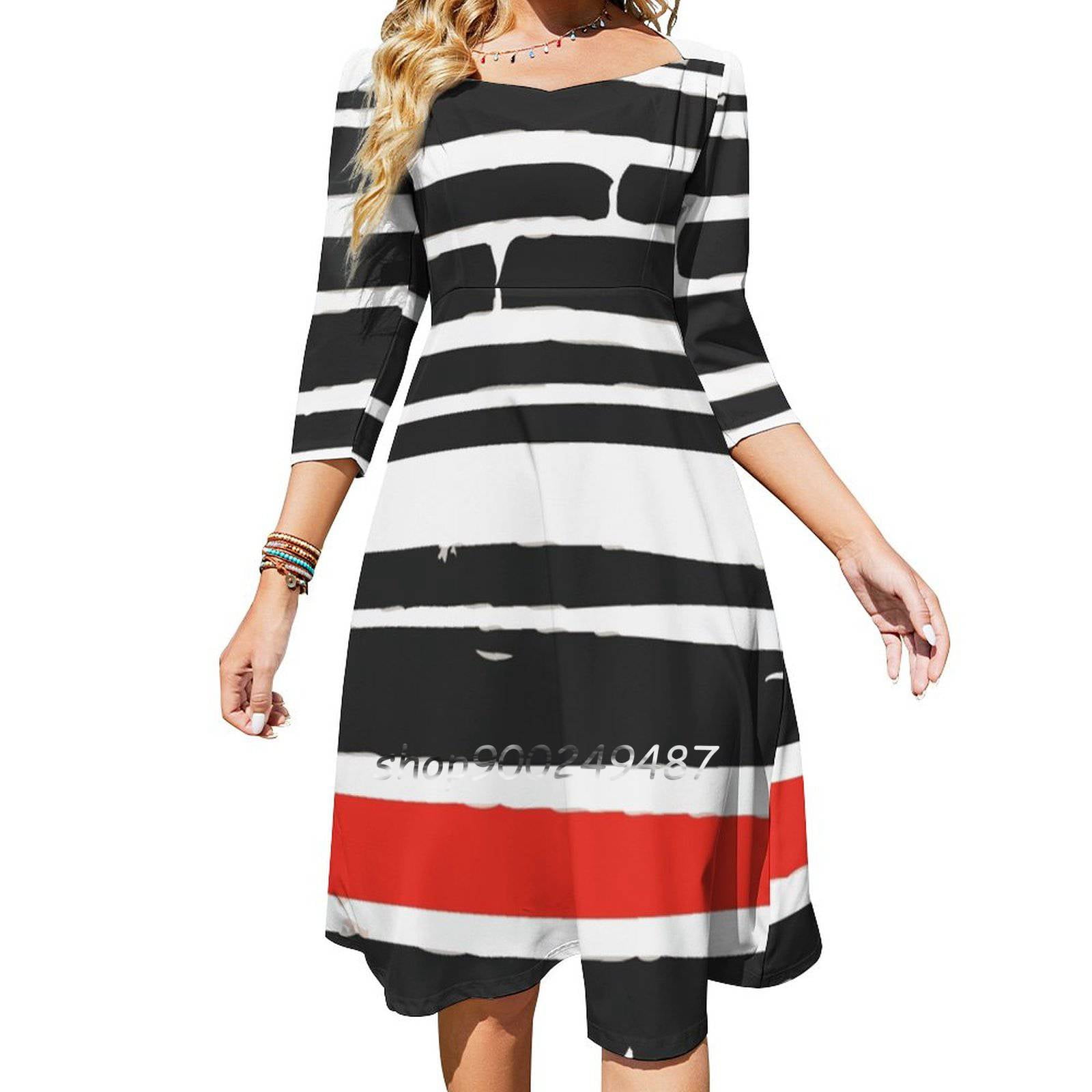 Abstract Black Red Stripe Square Neck Dress Cute Loose Print Dresses ...