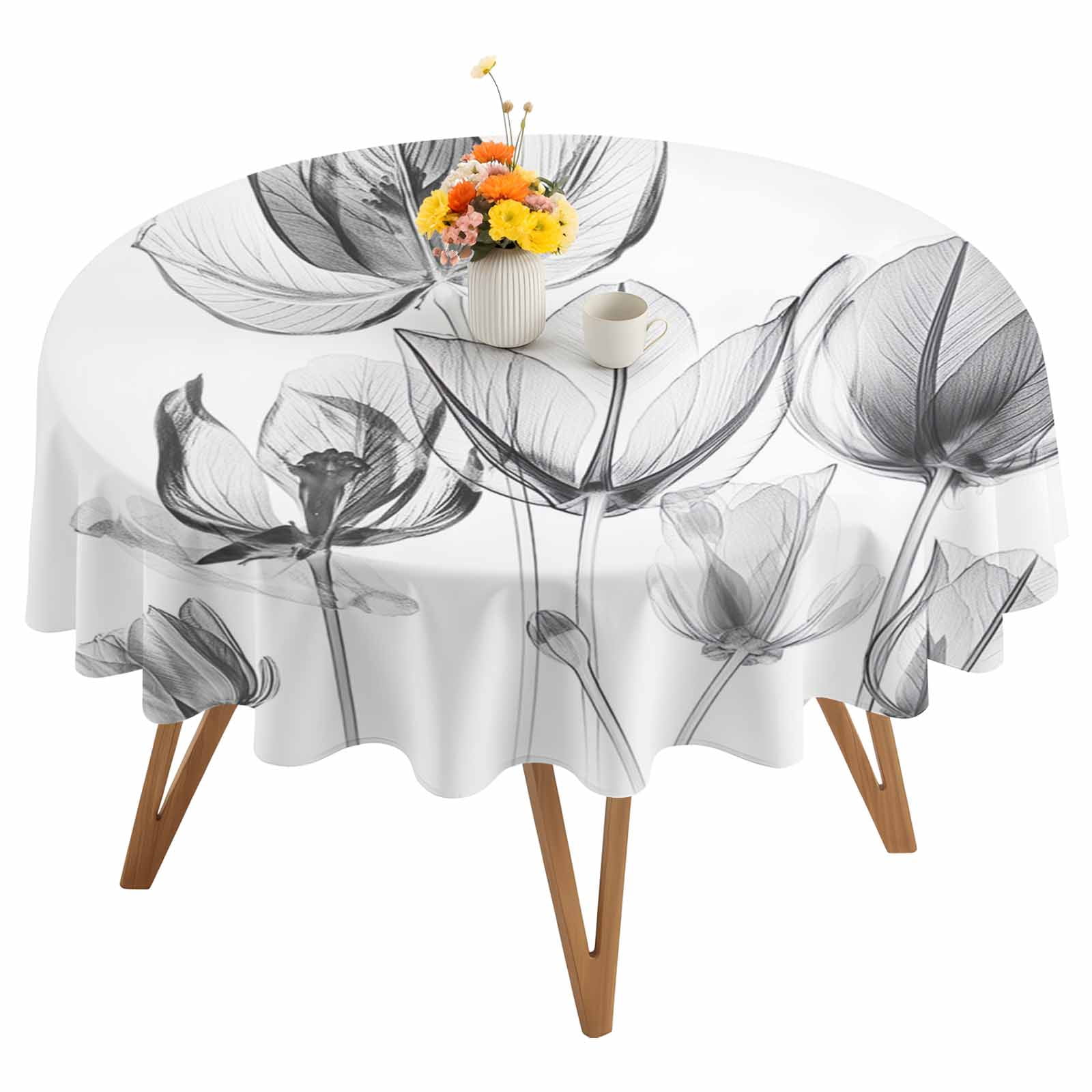 Abstract Black Round Tablecloth 54 inches Laser Tulip Flowers White ...