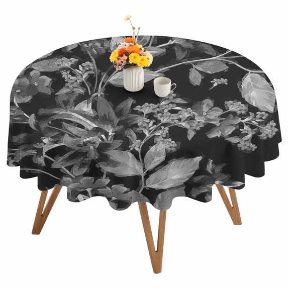 Abstract Black Round Tablecloth 54 inches and White Flowers with Leaves ...