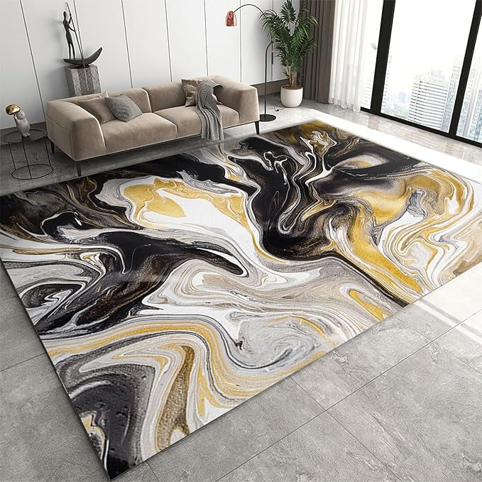 Abstract Black Rugs Yellow Gray Liquid Texture Area Rugs, Luxury Fluid ...